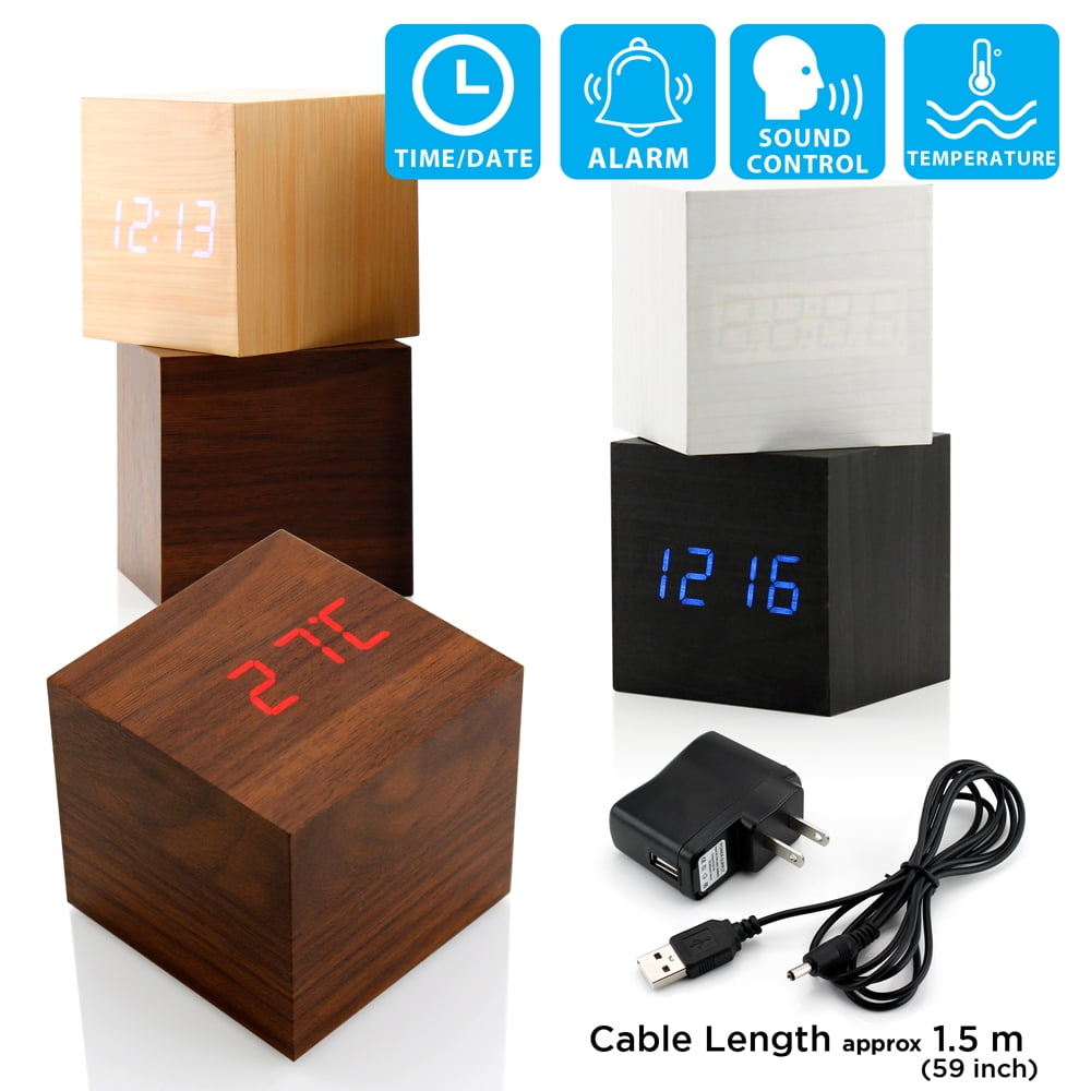 Ultra Modern Wooden LED Clock Square Cube Alarm Thermometer Timer ...