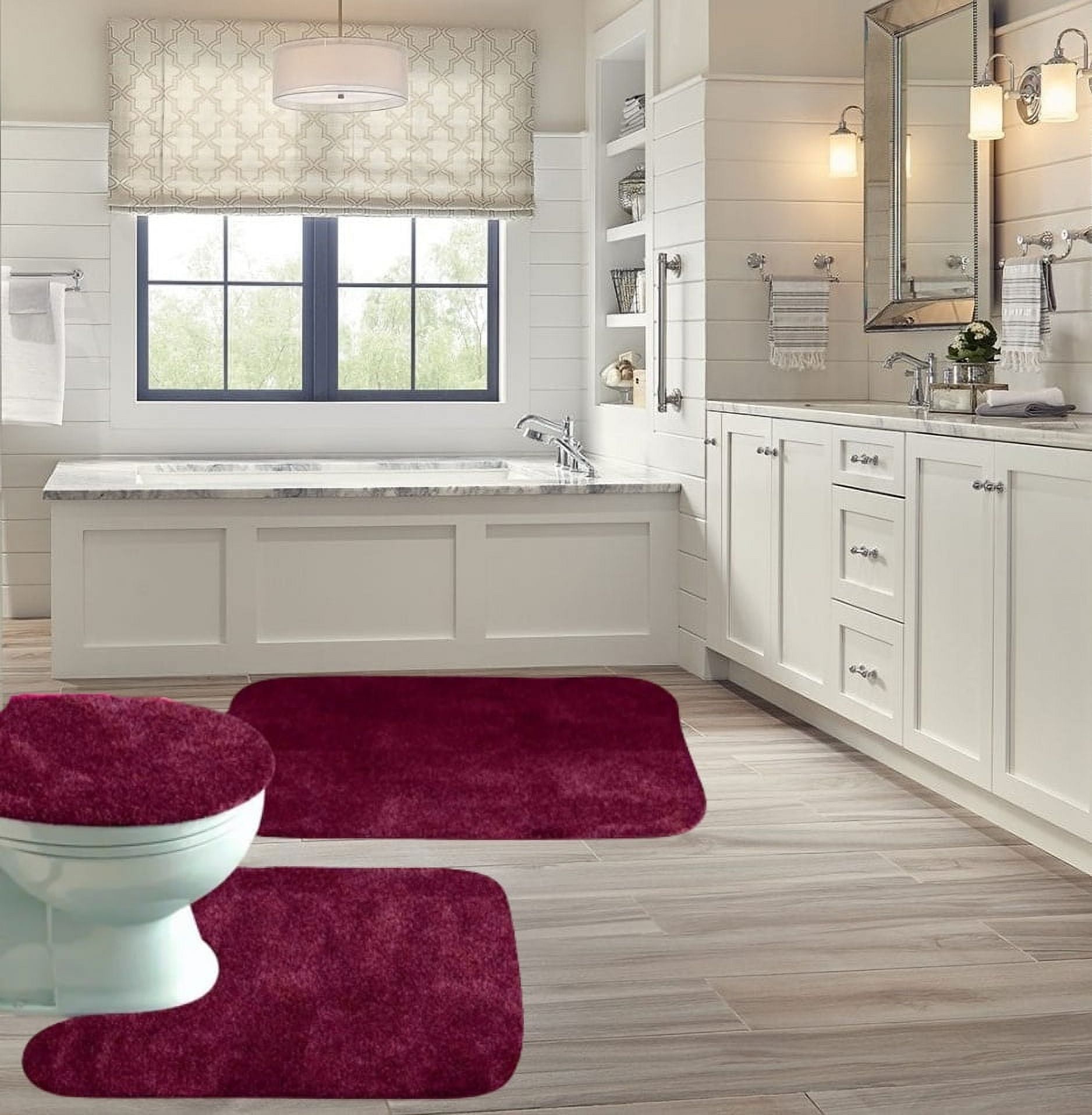 Ultra Plush and Cozy Solid Burgundy Bath Rugs, 18" x 30", Anti-Slip (3 ...
