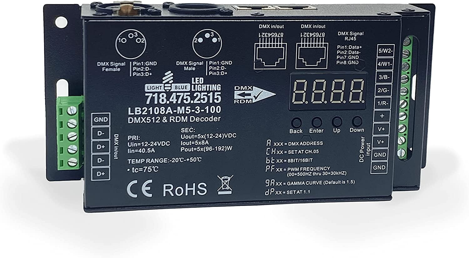 Ultra Pro 5 Channel CV DMX RDM Digital PWM Decoder 8/16 bits for RGB & RGBW LED Lighting 12-36 ...