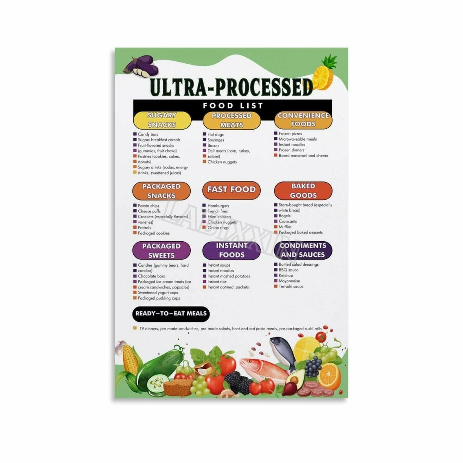 Ultra-Processed Food List Poster Kitchen Diet Guide Wall Art Canvas ...