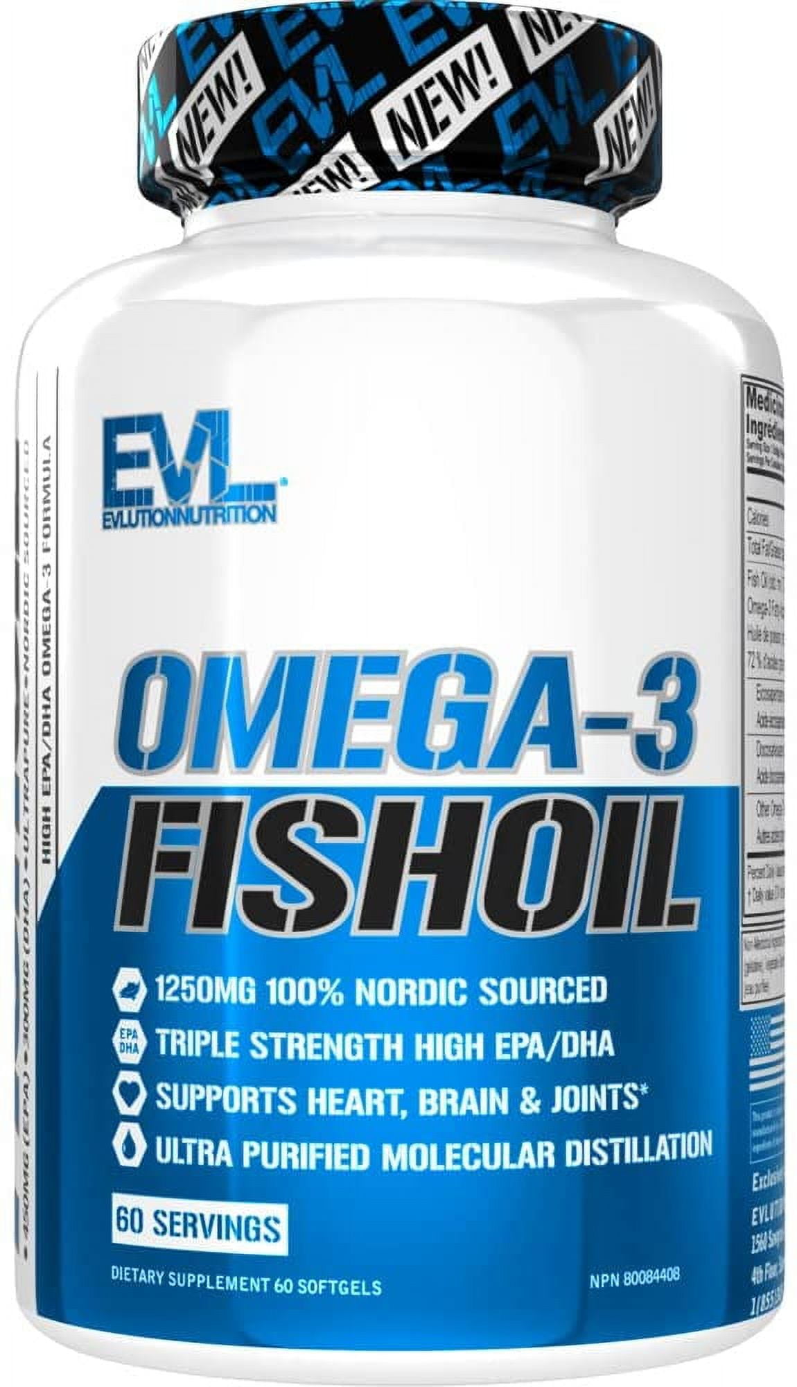 EVL Nutrition Ultra Purified 60ct Fish Oil Capsules - 1250mg Omega-3 ...