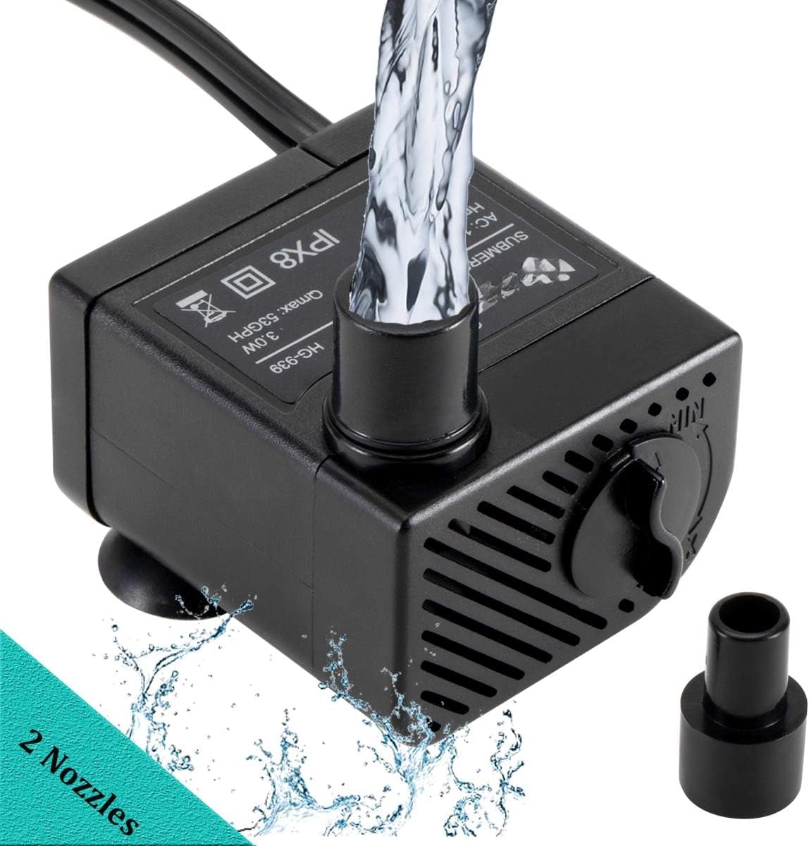 Ultra Quiet 53GPH (200L/H, 3W) Submersible Mini Water Pump Comes with 2 ...