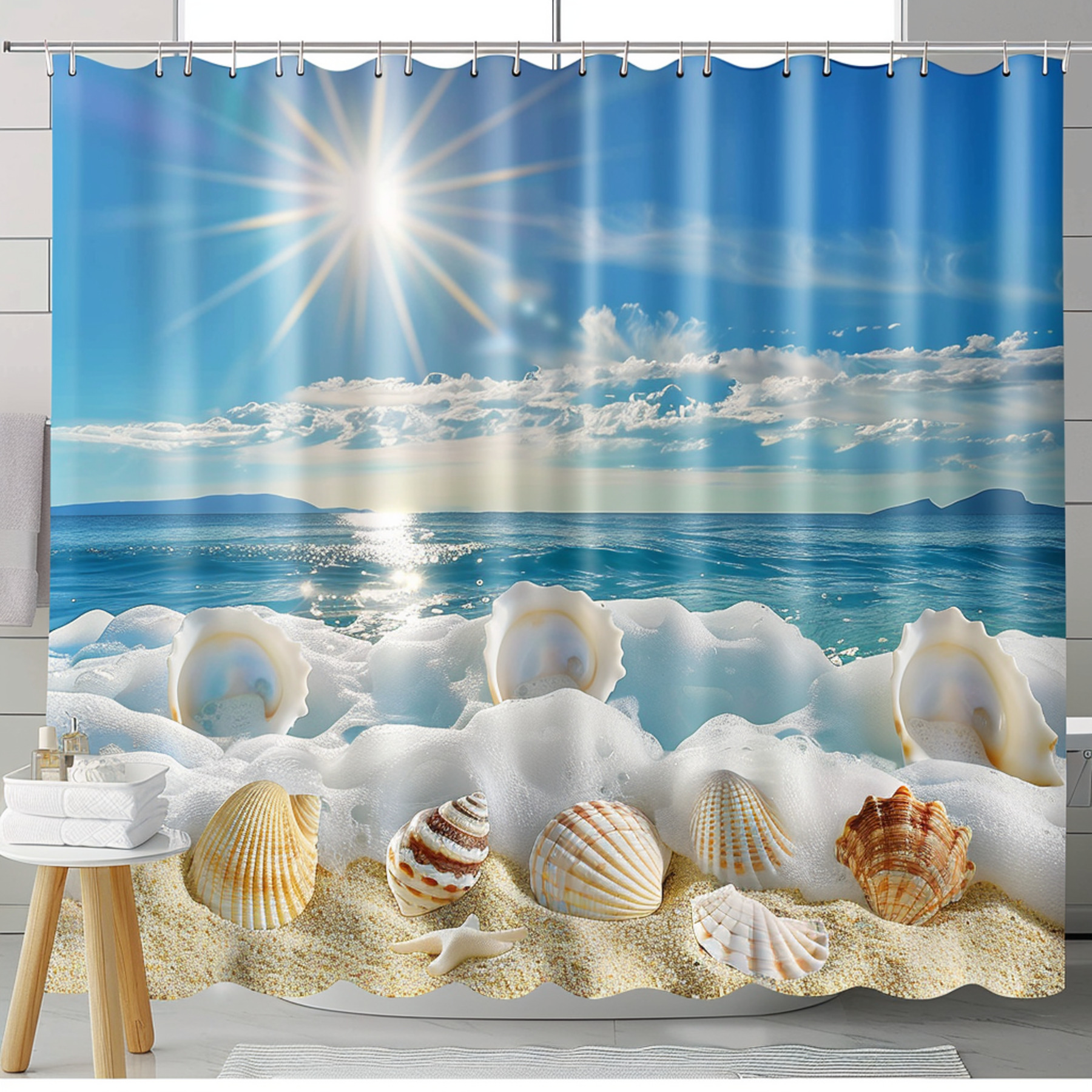 Ultra Realistic Beach Shower Curtain with Seashells and Sunlight Print ...