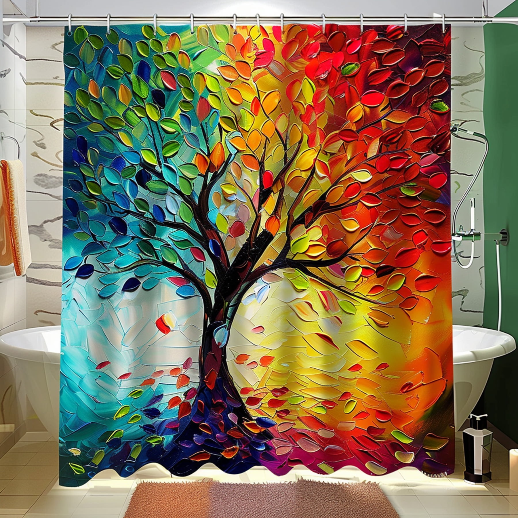Ultra Realistic Colorful Tree Oil Painting Bathroom Curtain Bright ...