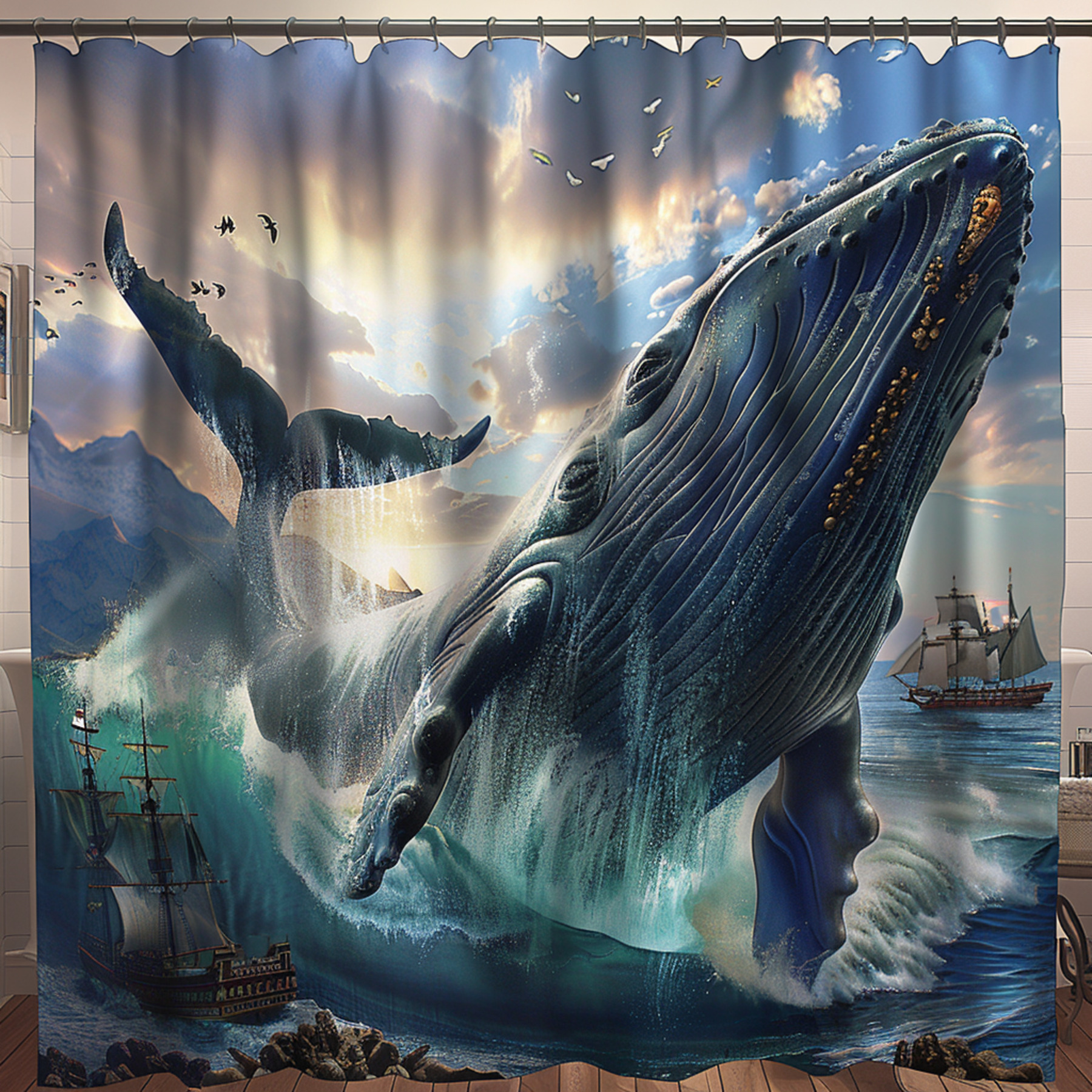 Ultra Realistic Fantasy Whale Jumping Shower Curtain Ships Blue Sky ...