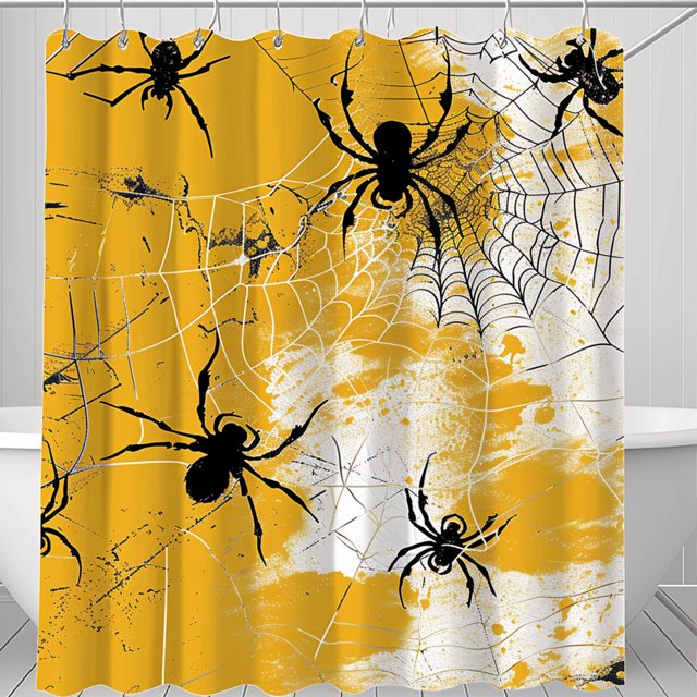 Ultra Realistic Halloween Spider Web Shower Curtain With Yellow And