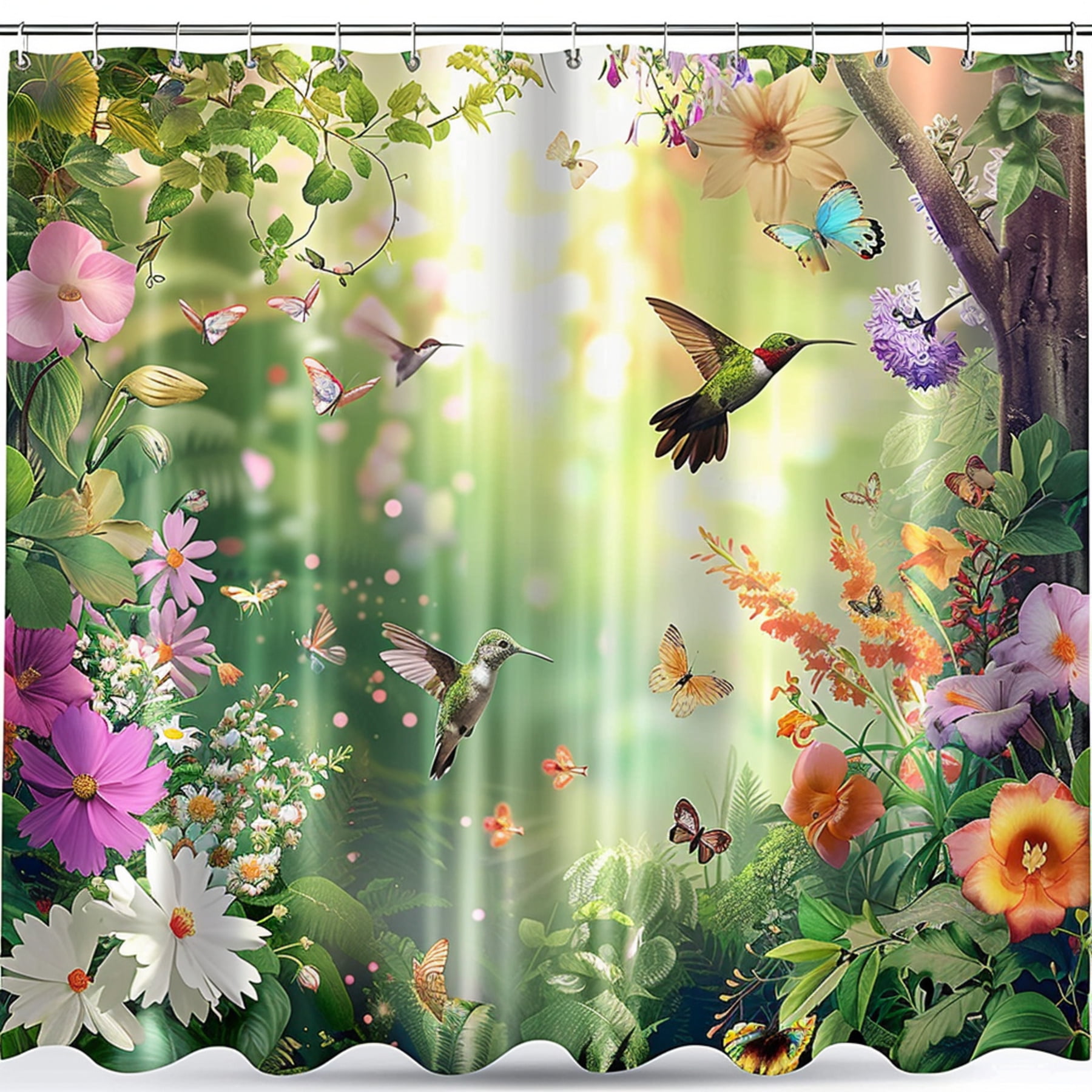 Ultra Realistic Hummingbirds Spring Garden Bathroom Curtain Set High ...