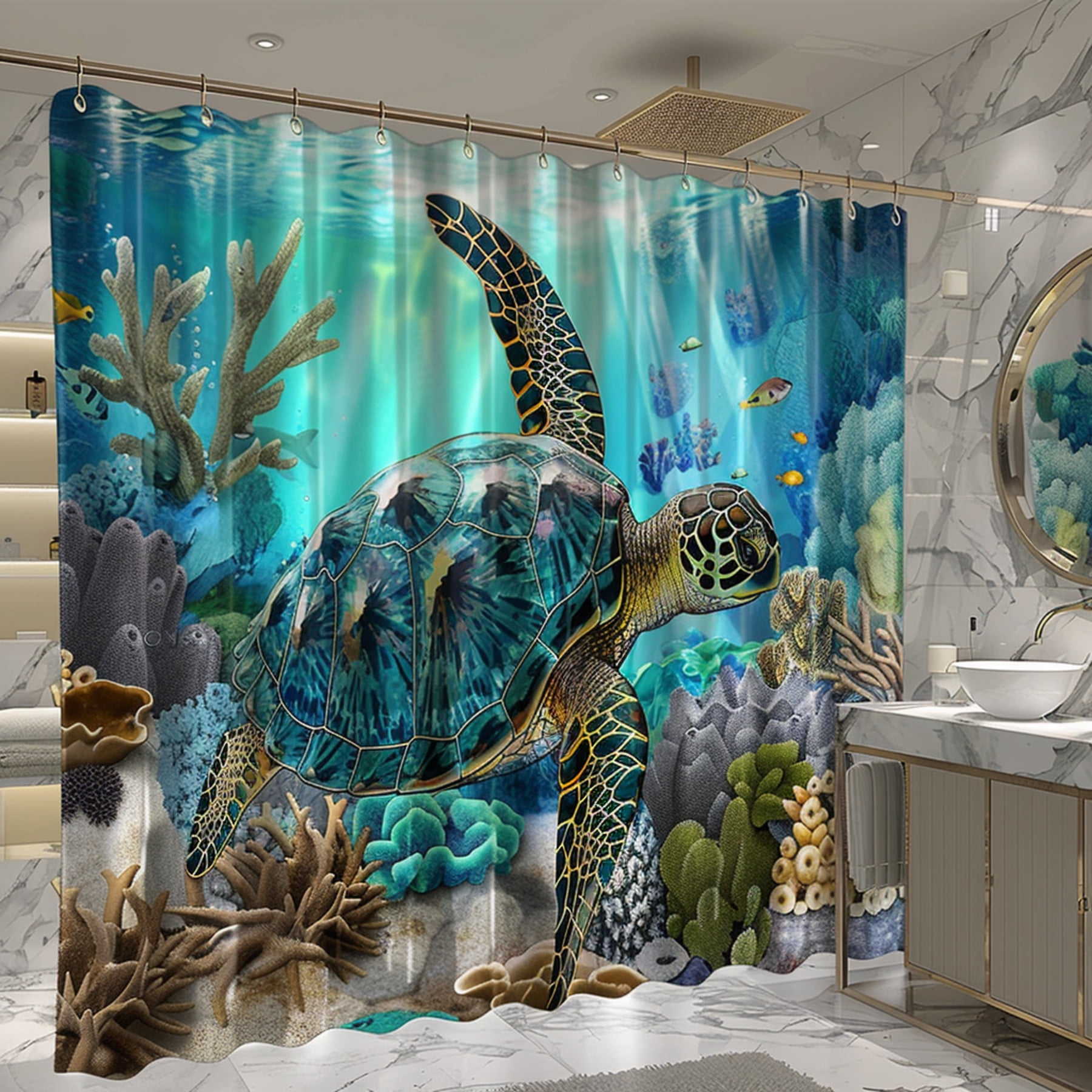 Ultra Realistic Ocean Turtle Shower Curtain With Underwater Theme Coral