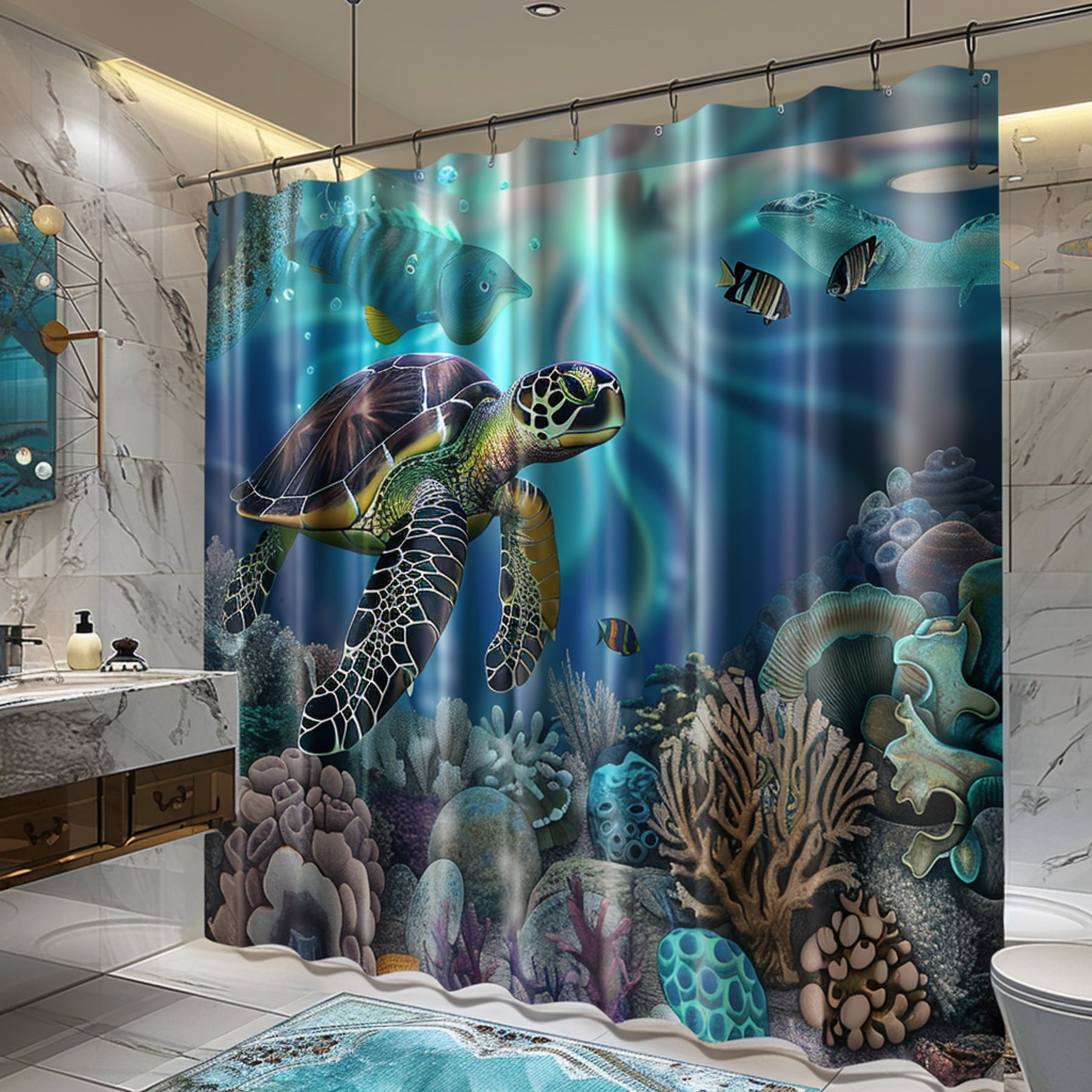 Ultra Realistic Ocean Turtle Underwater Coral Reef Shower Curtain