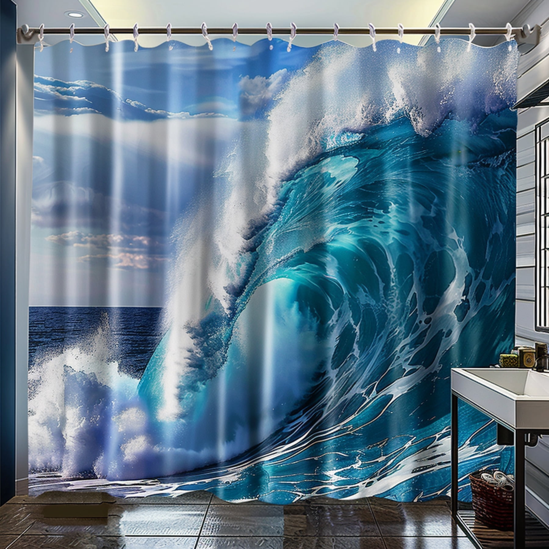 Ultra Realistic Ocean Wave Bathroom Shower Curtain Blue & White Decor ...