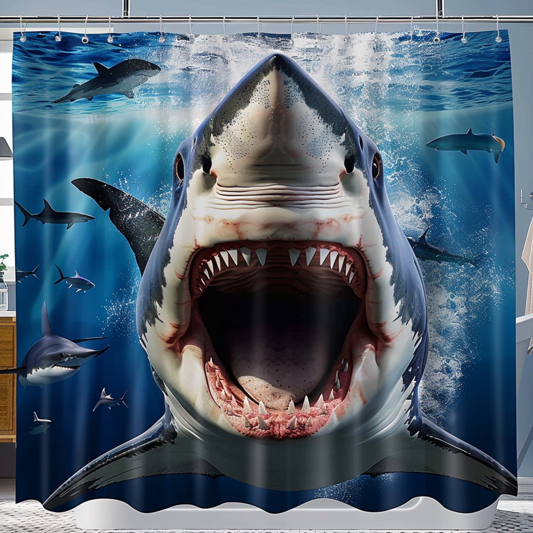 Ultra Realistic Shark Shower Curtain Open Mouth Design Blue Water ...