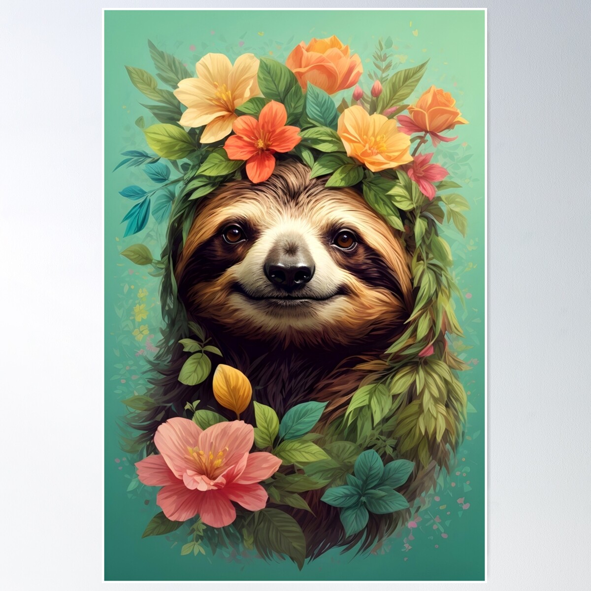 Ultra Realistic Sloth With Vintage Floral Design Poster Wall Art ...