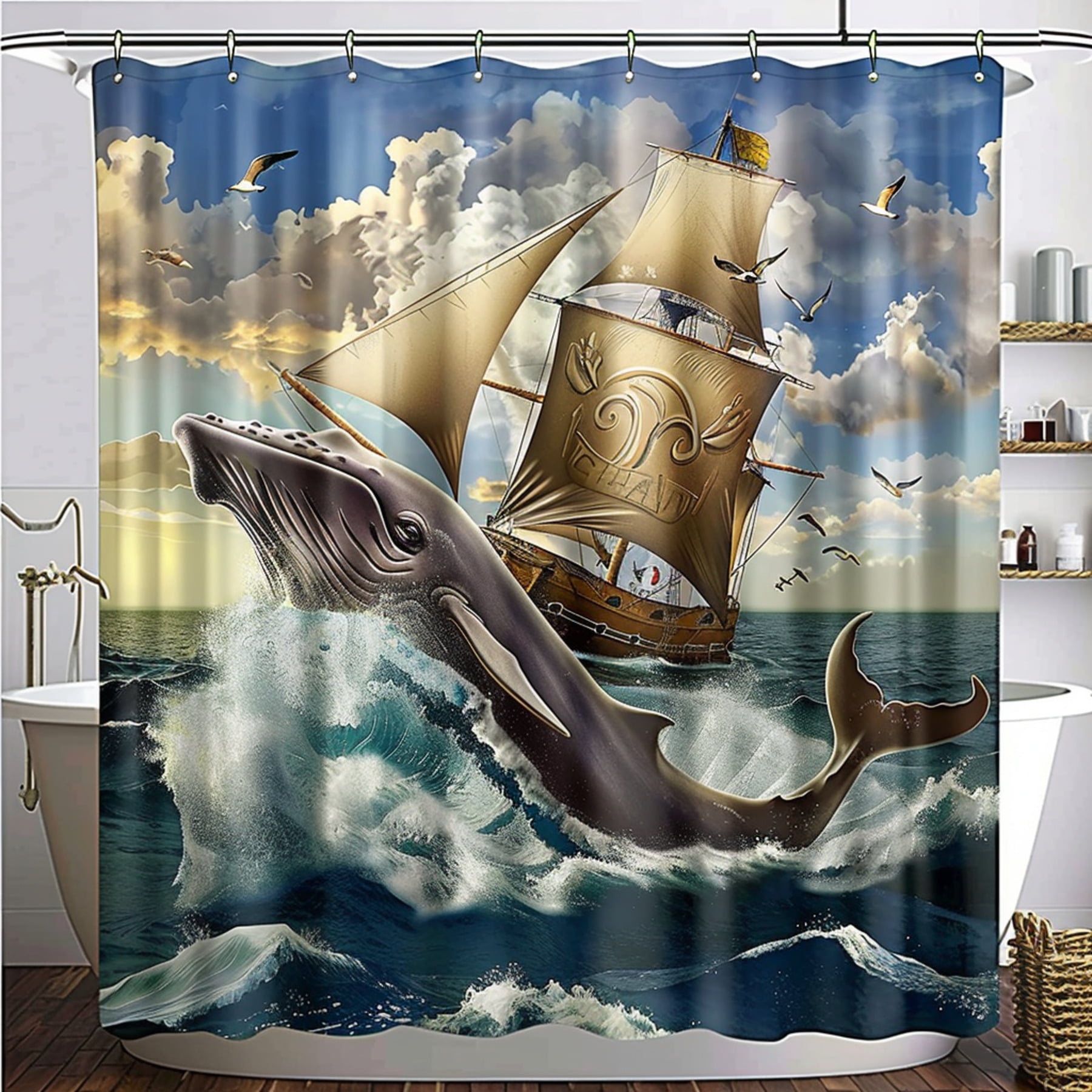 Ultra Realistic Whale Chasing Ship Shower Curtain Sea Wave & Sky Design ...