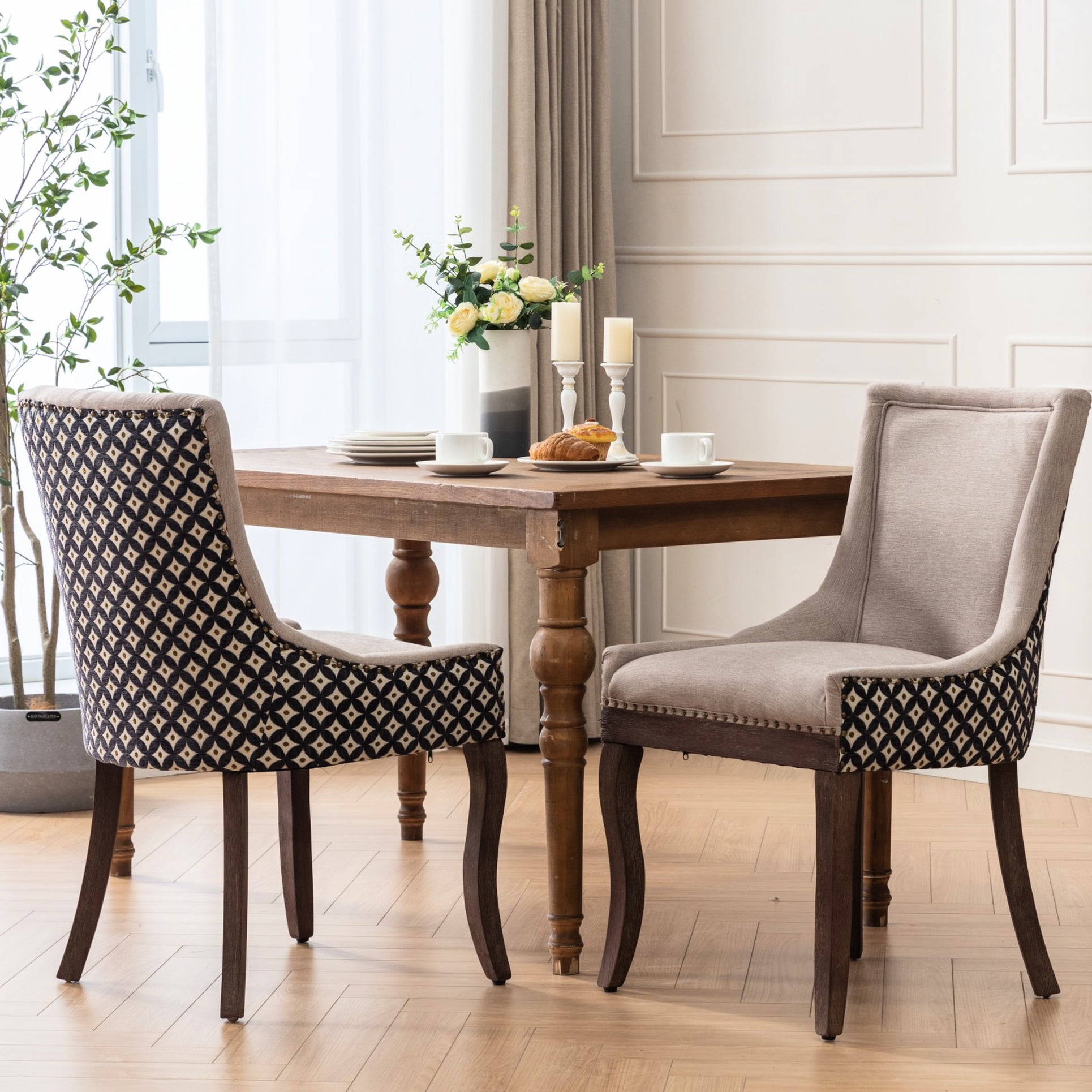 Ultra Side Dining Chair Pair, Thickened Fabric Seat, Solid Wood Legs, Beige And Fascination ...