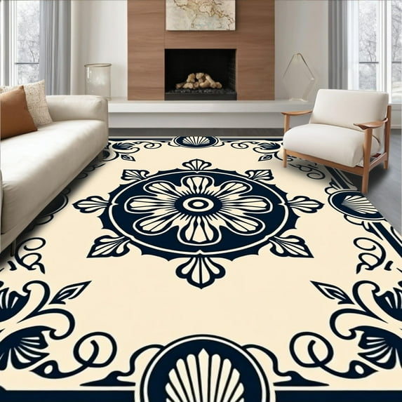Ultra Soft Area Rug 5x7, Nautical Medallion with Shell Motifs and Wavy ...