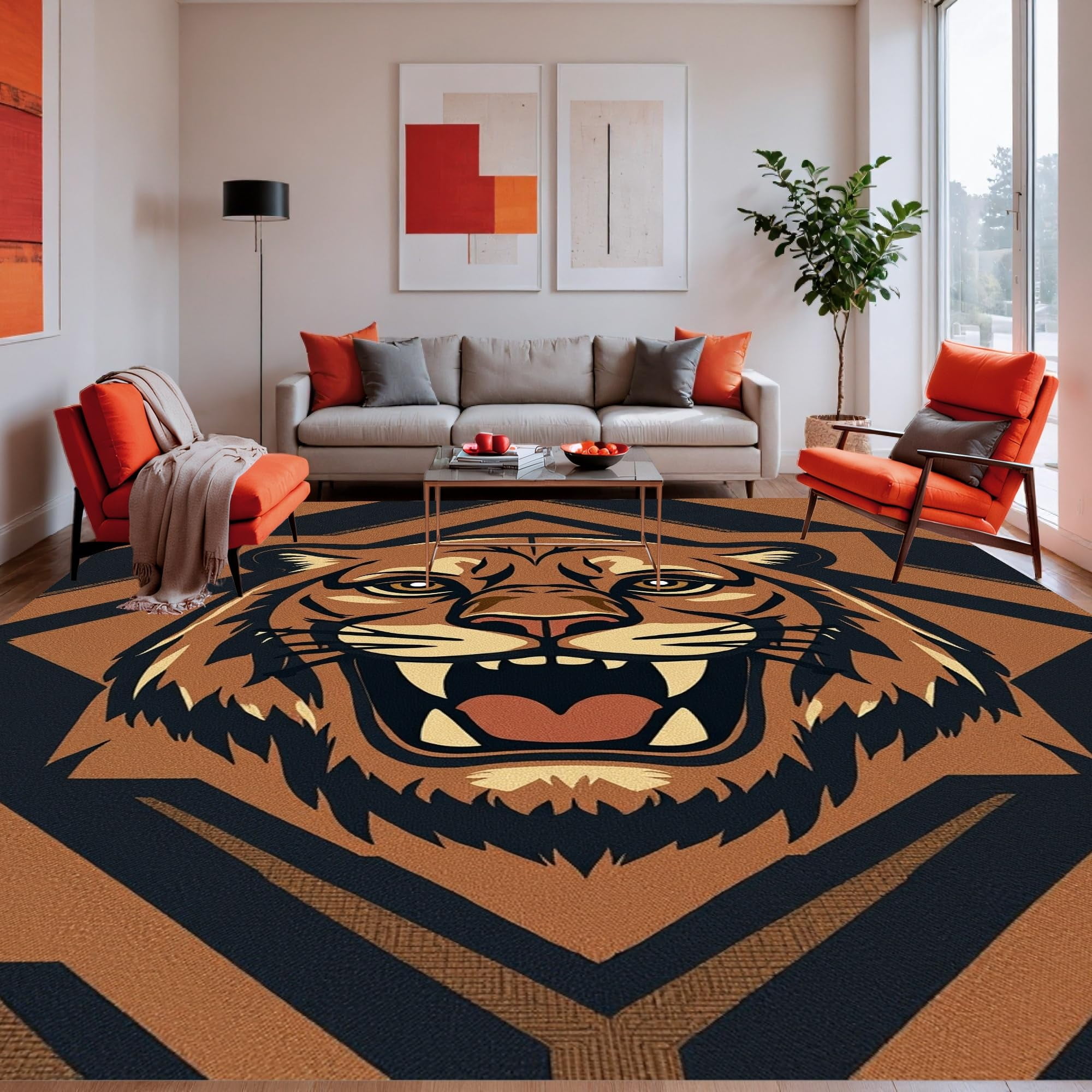 Ultra Soft Area Rug, Majestic Lion Face Abstract with Modern ...