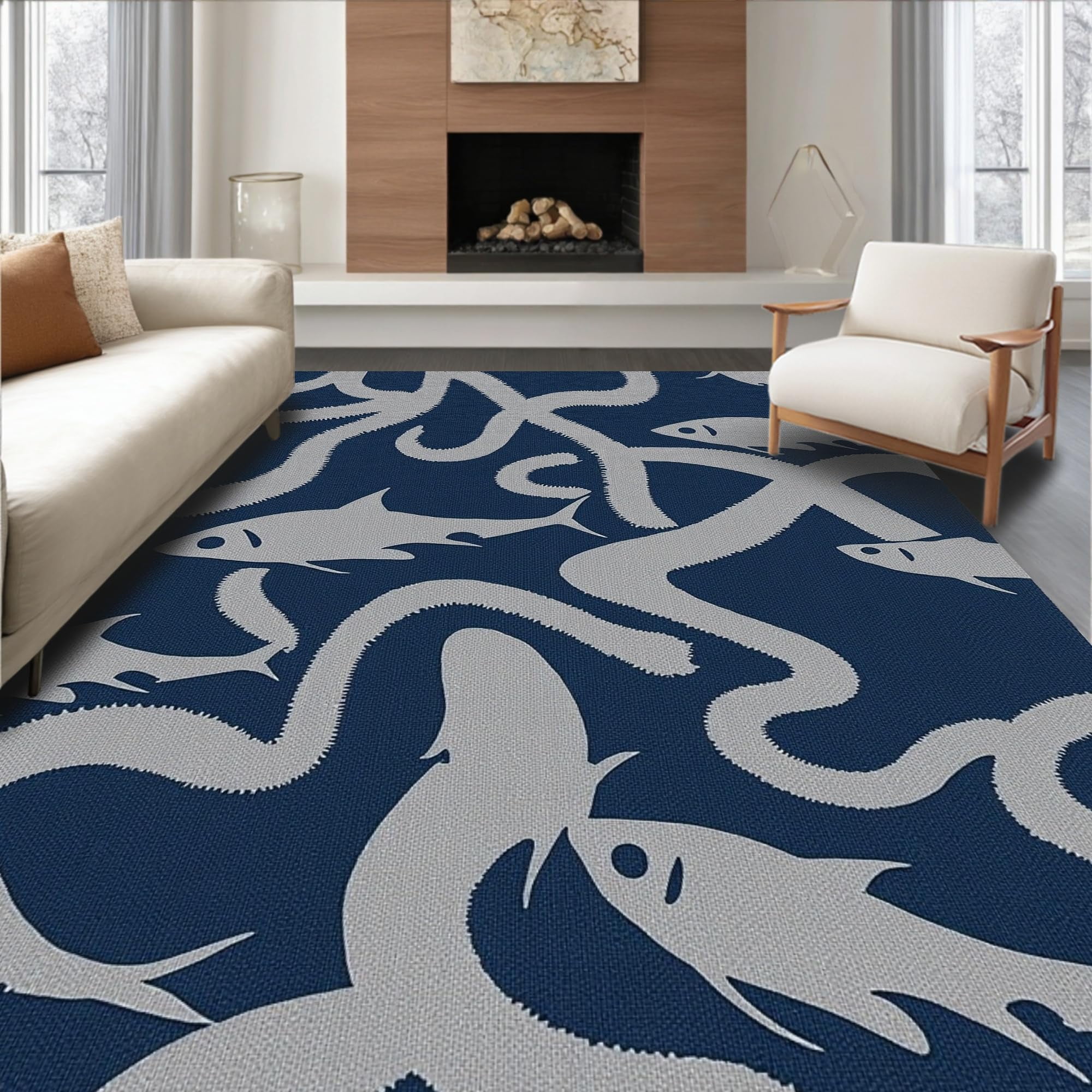 Ultra Soft Area Rug, Stylized Aquatic Design Featuring Interlocking ...