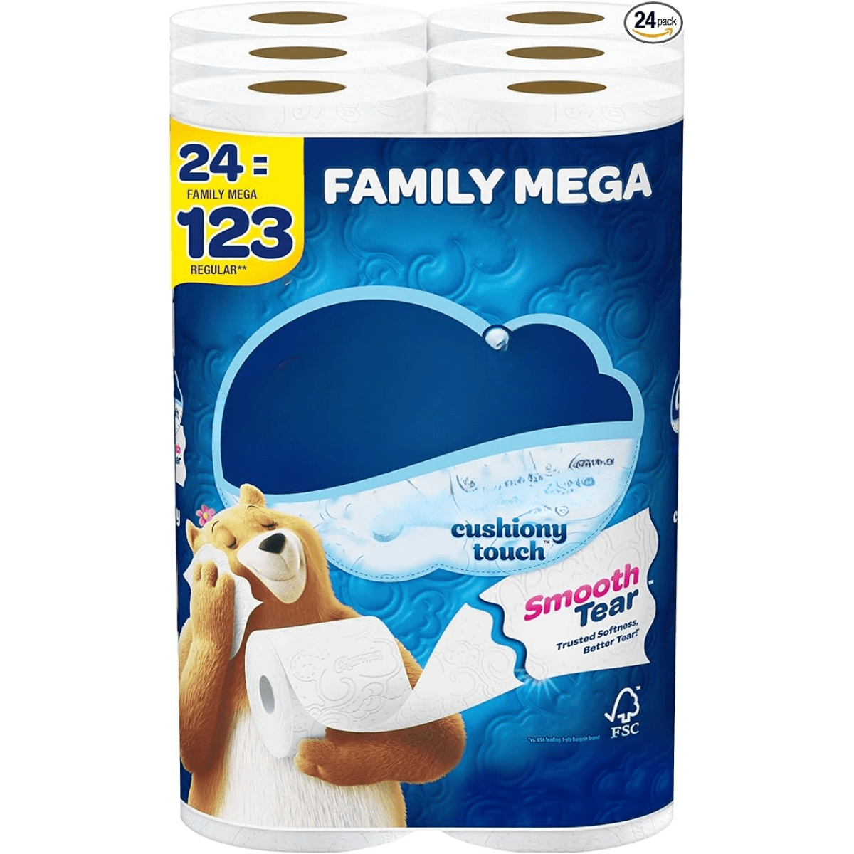Ultra Soft Cushiony Touch Toilet Paper, 24 Family Mega Rolls = 123 ...