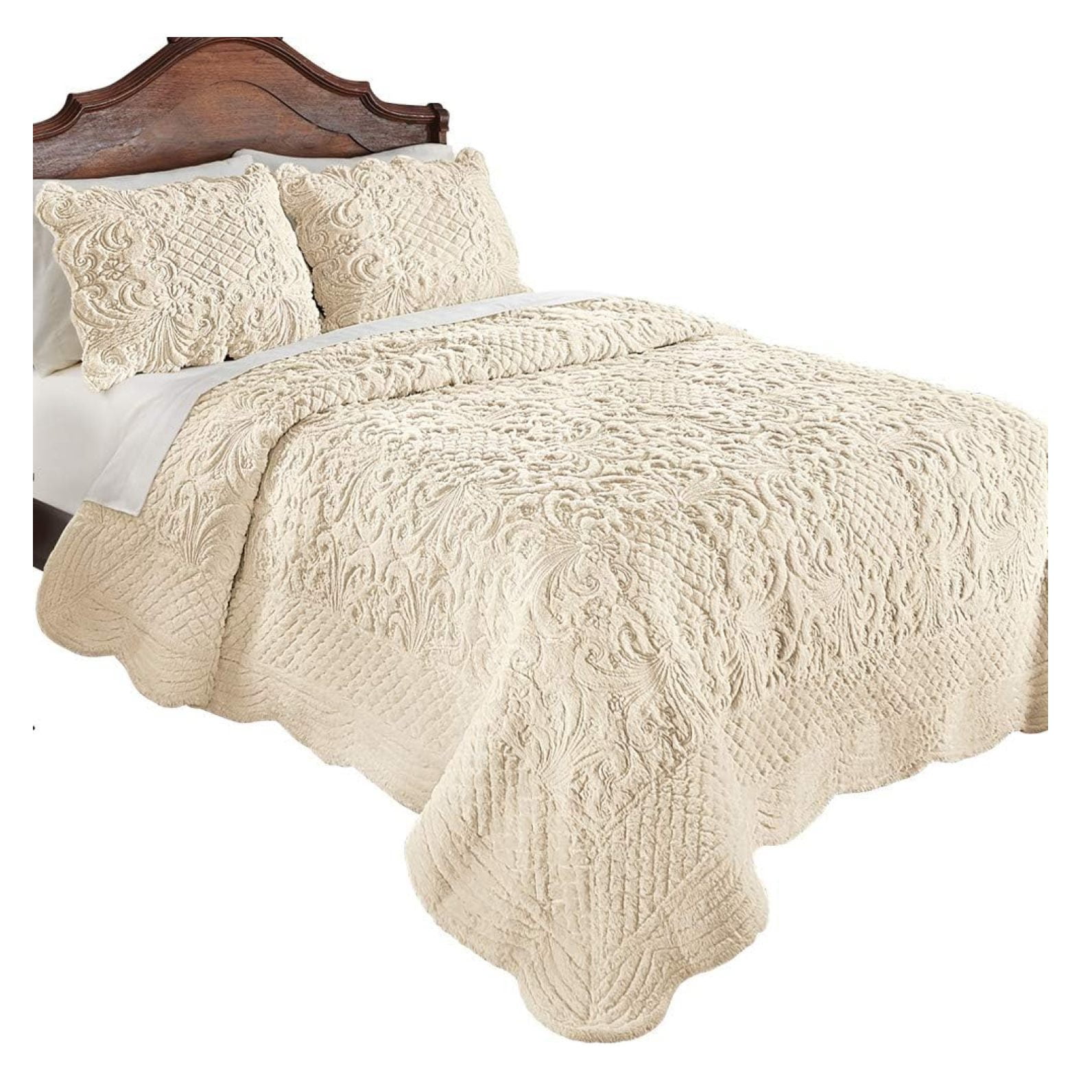 Ultra-Soft Faux Fur Plush Quilt Bedding with Scalloped Edges and Scroll ...
