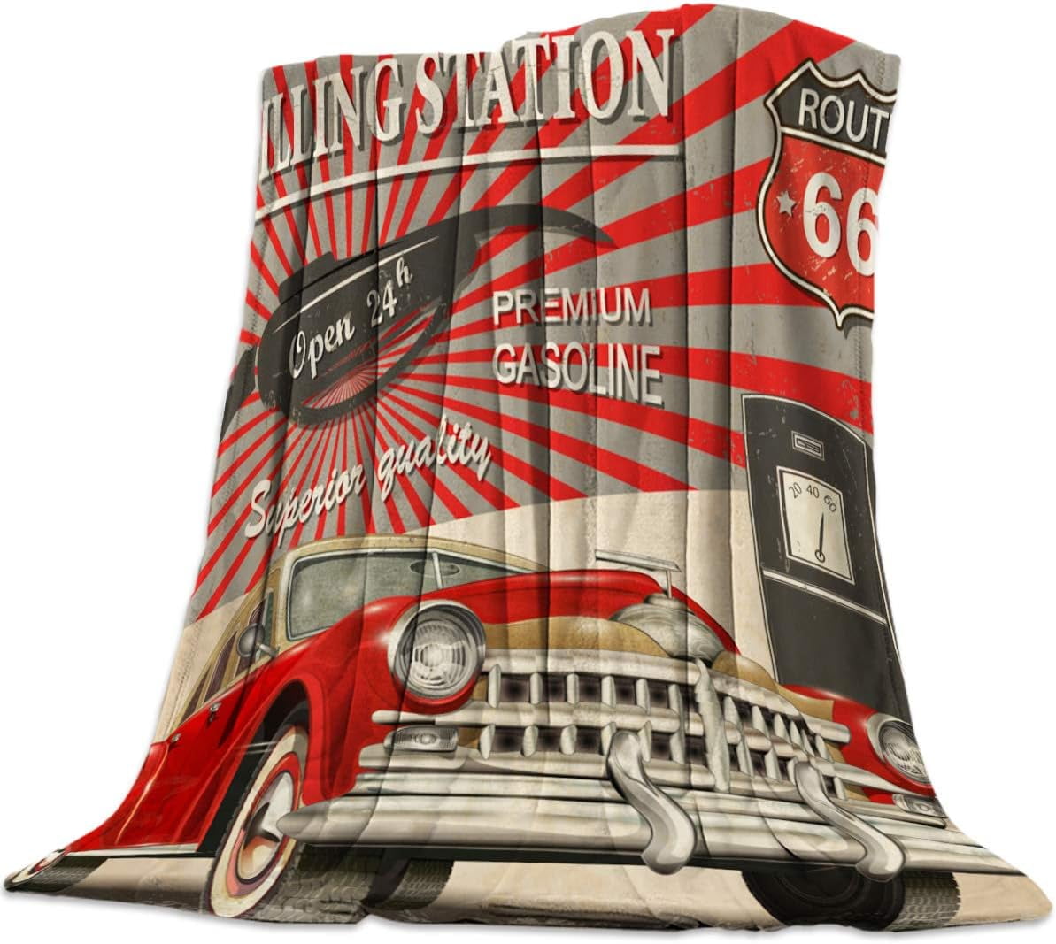 Ultra Soft Flannel Fleece Bed Blanket Vintage Car Filling Station Route ...