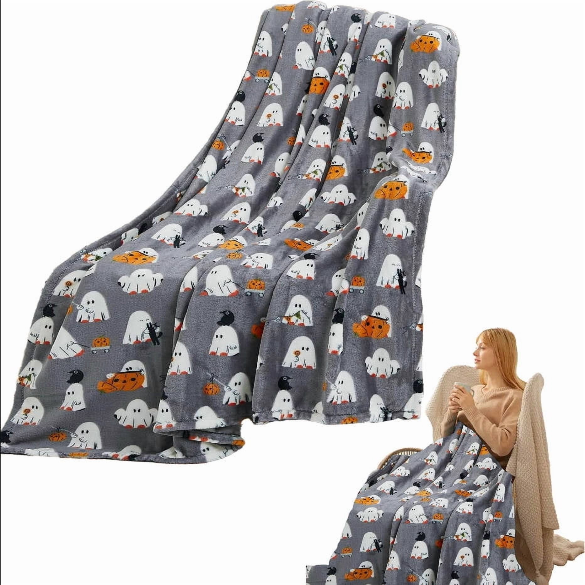 Ultra Soft Flannel Halloween Blanket Fuzzy Plush Pumpkin Ghost Bat ...