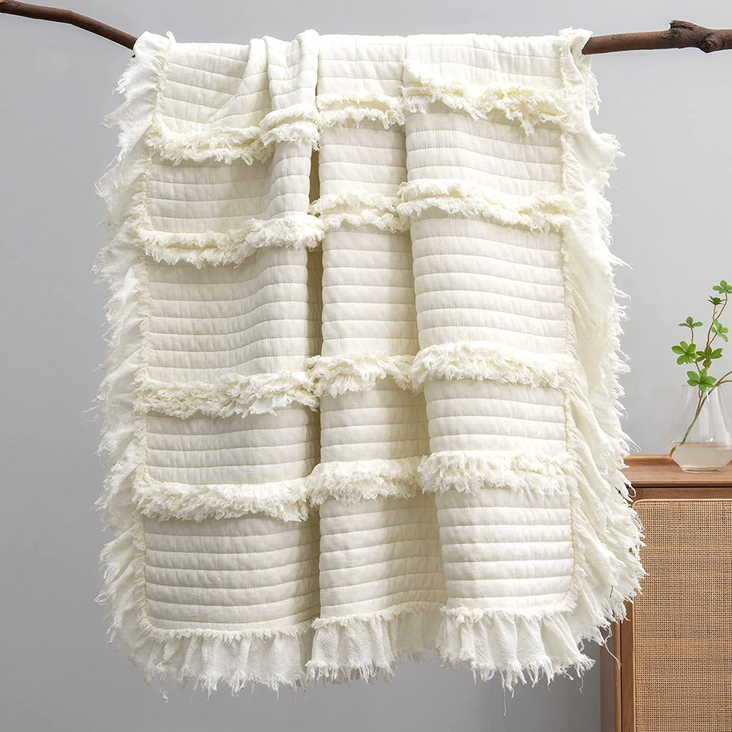 Ultra Soft Quilted Throw Blanket with Ruffle Fringe Pre-Washed, Boho ...