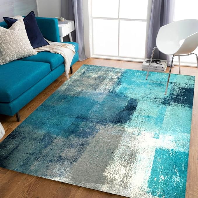 Ultra Soft Washable Area Rug, Turquoise Grey Modern Abstract Rug For ...