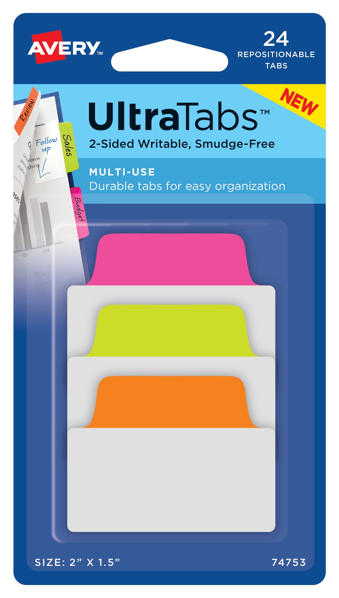 Ultra Tabs Repositionable Standard Tabs, 1/5-Cut Tabs, Assorted Neon, 2 ...