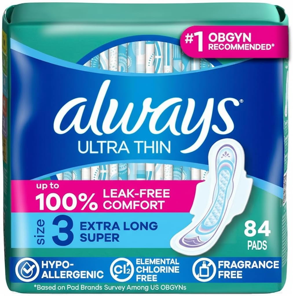 Ultra Thin Feminine Pads with Wings for Women, Size 3, Extra Long Super ...
