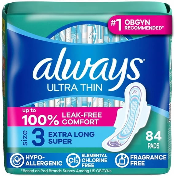 Ultra Thin Feminine Pads with Wings for Women, Size 3, Extra Long Super ...