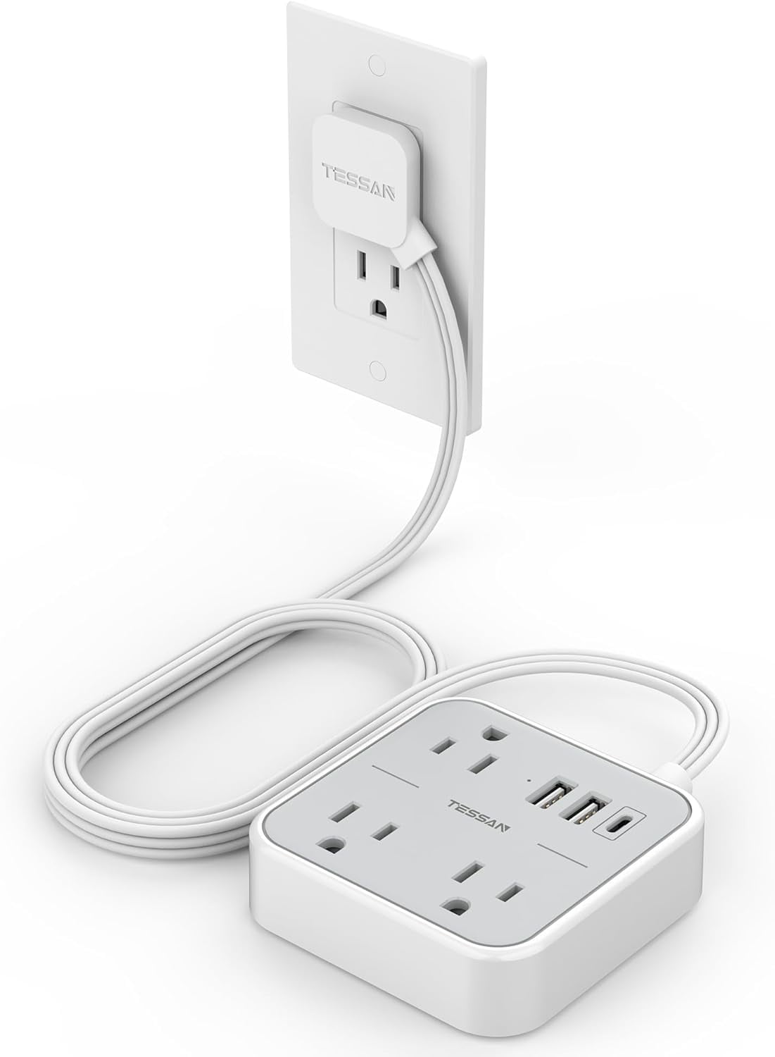 Ultra Thin Flat Extension Cord 5 FT, TESSAN Slim Power Strip with 3 USB ...