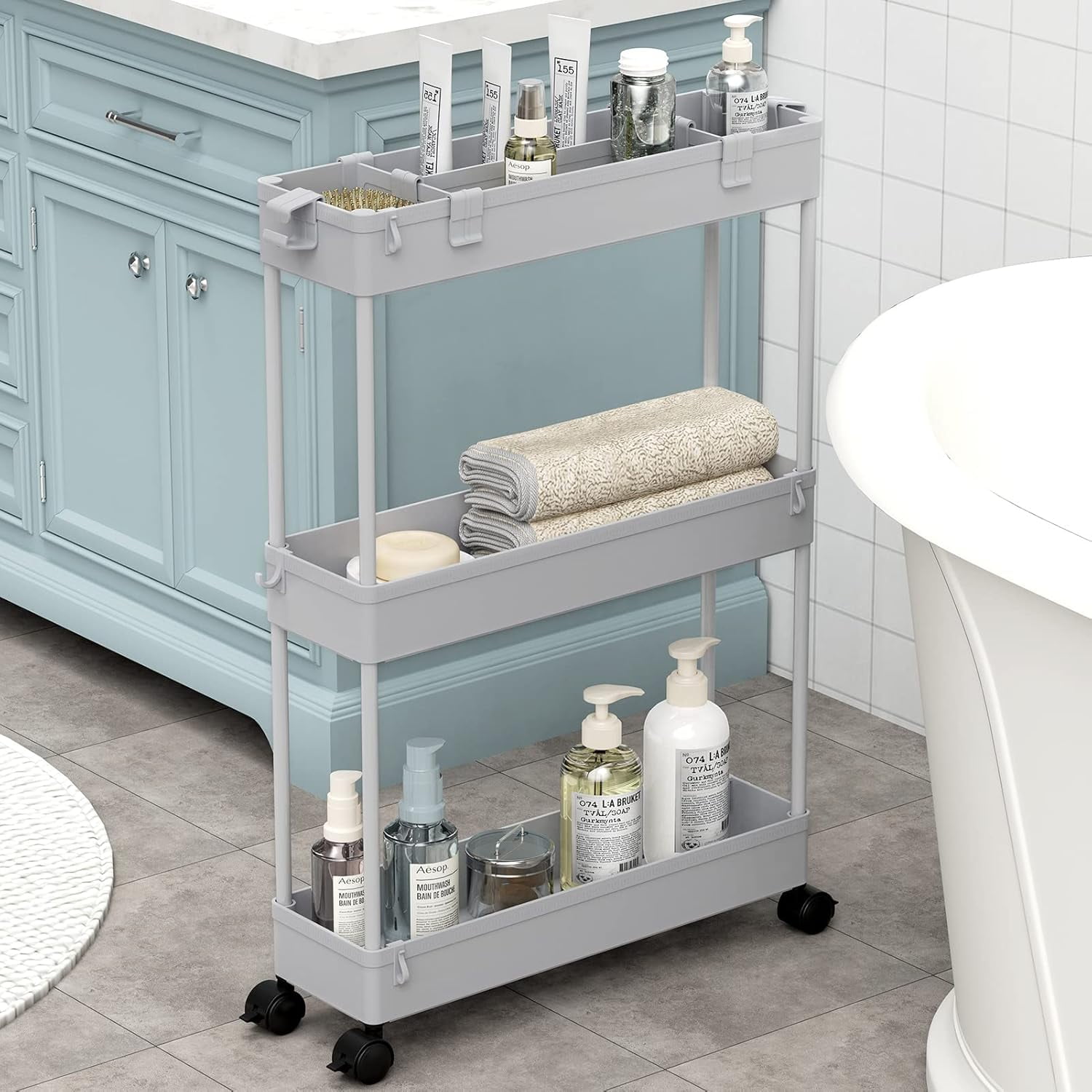 Ultra-thin three-tier storage cart, bathroom storage rolling tool ...