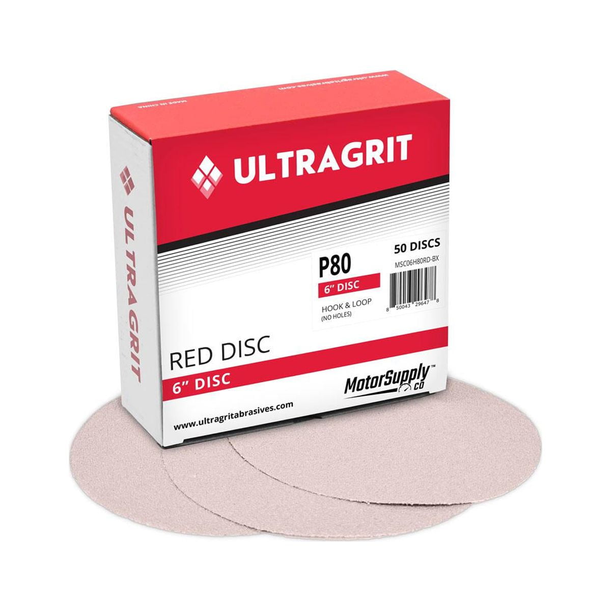 UltraGrit Red 6” Sanding Disc, Hook and Loop, P80 Grit, No Holes - 50 ...
