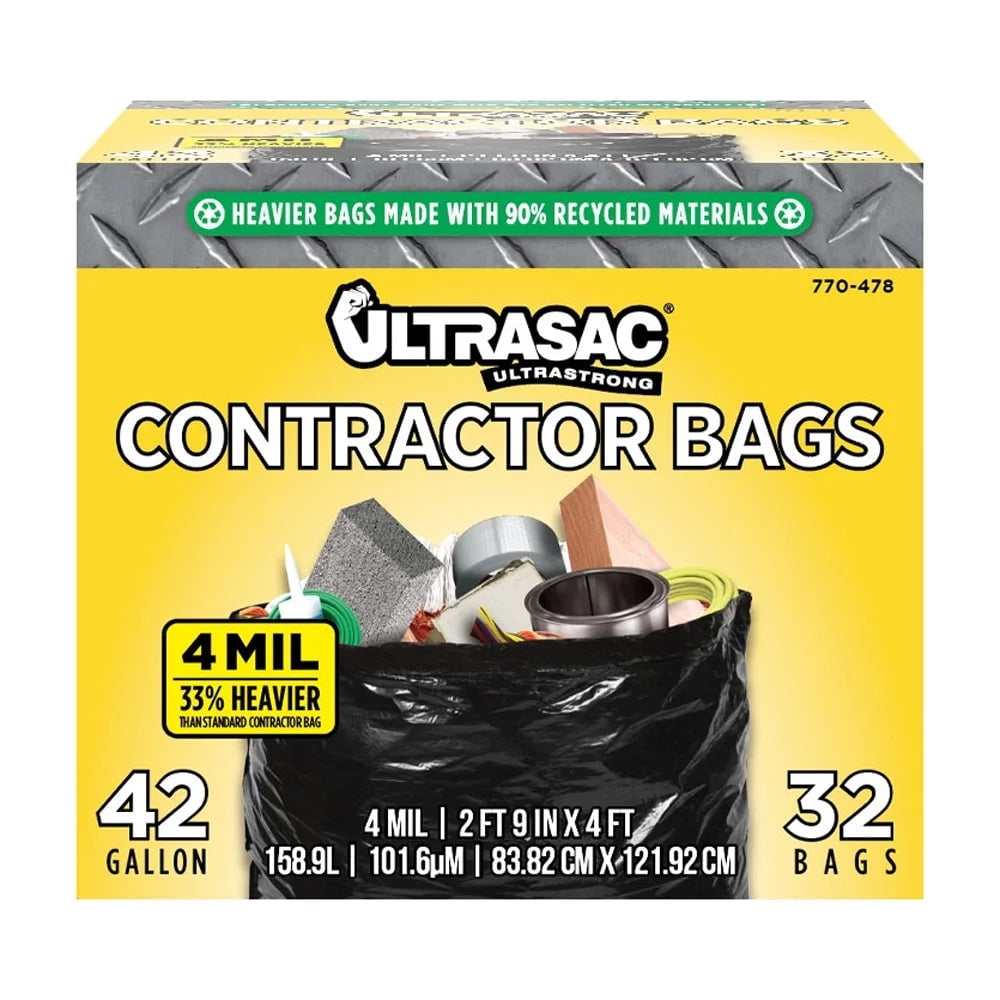 Ultrasac Contractor Bags UL 4MIL Heavy Duty 42 Gal Black Garage ...