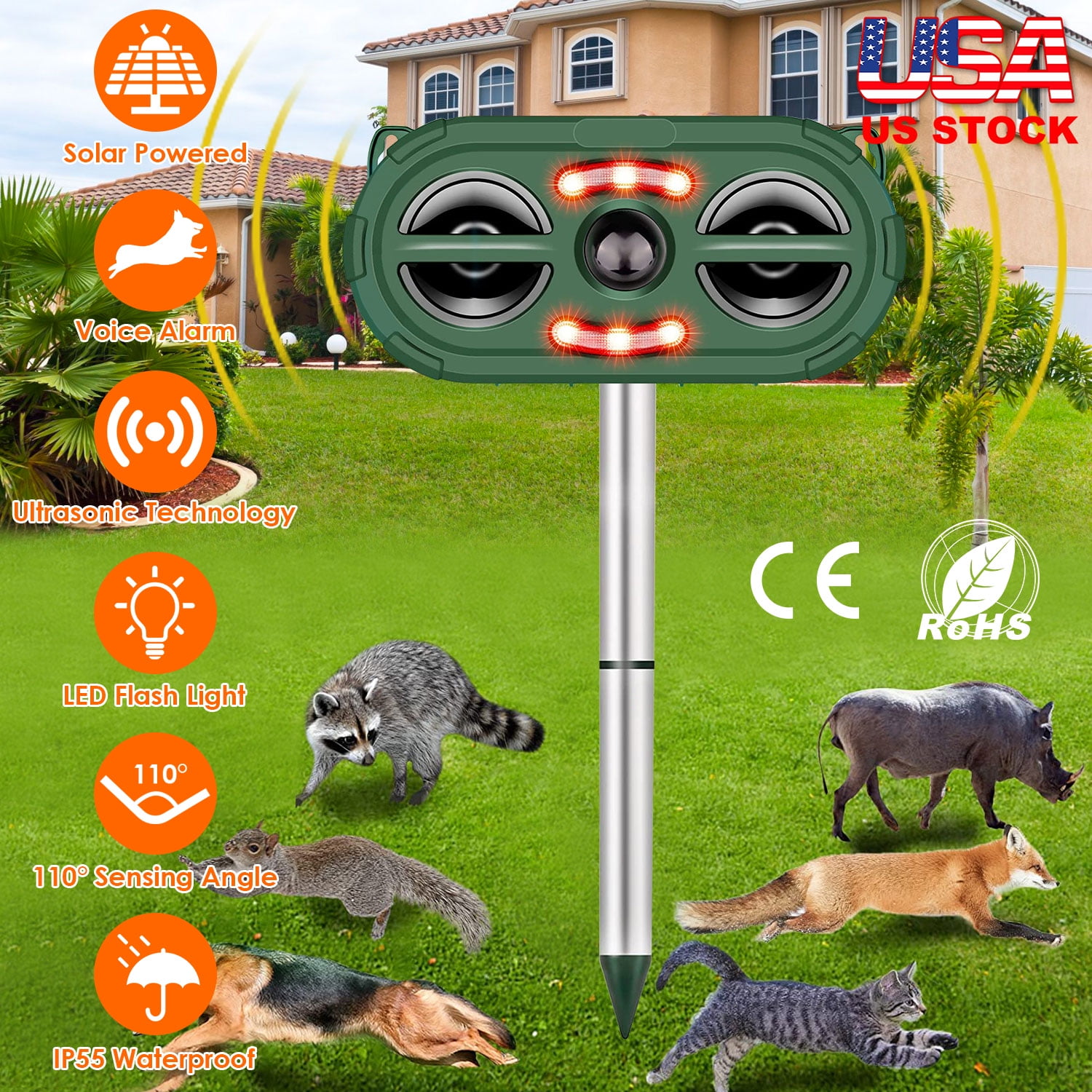 Ultrasonic Animal Repeller, Solar Powered Motion Sensor Repellent, IP66 ...
