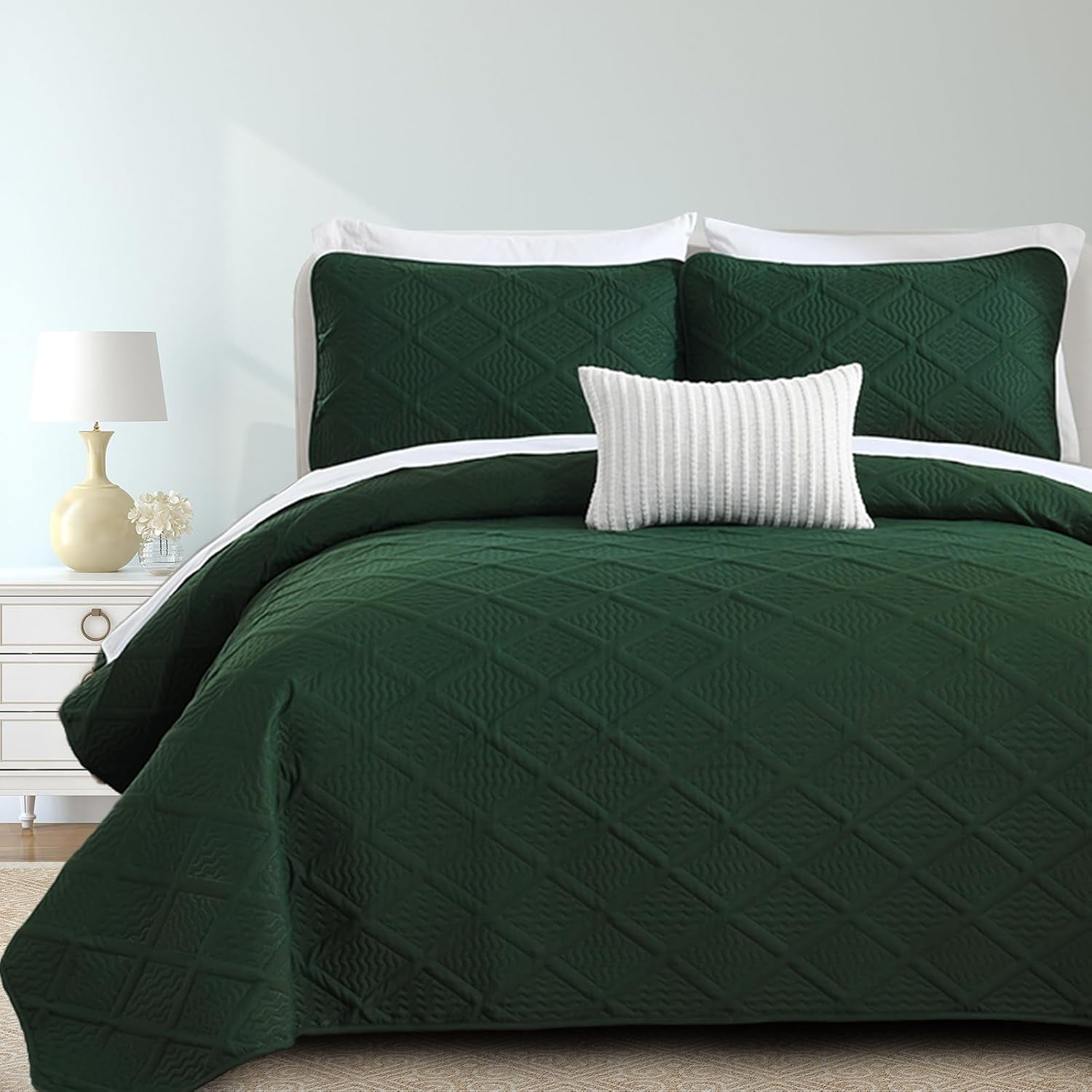 Ultrasonic Diamond Pattern Emerald Green Quilt Set, Twin Size ...