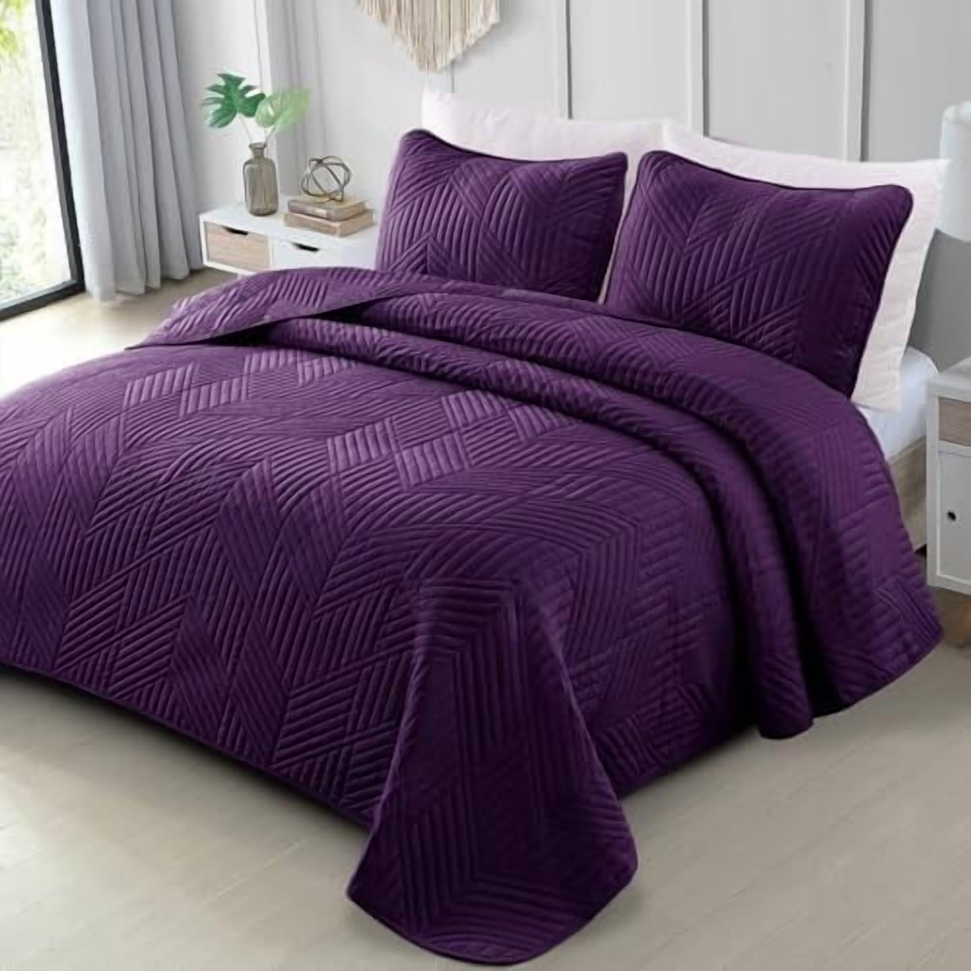 Ultrasonic Twin Quilt Bedding Set, Lightweight Deep Purple Bedspreads ...