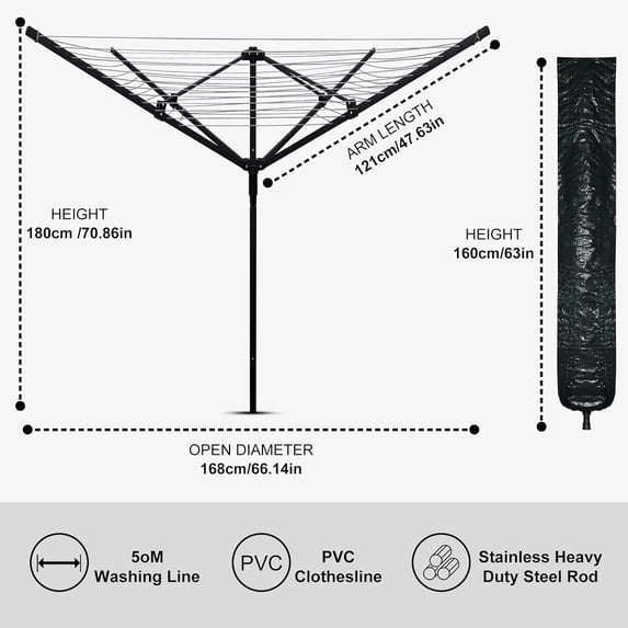 Umbrella Clothesline Outdoor with 40 Pegs, 4 Arms 12 Lines Rotary ...