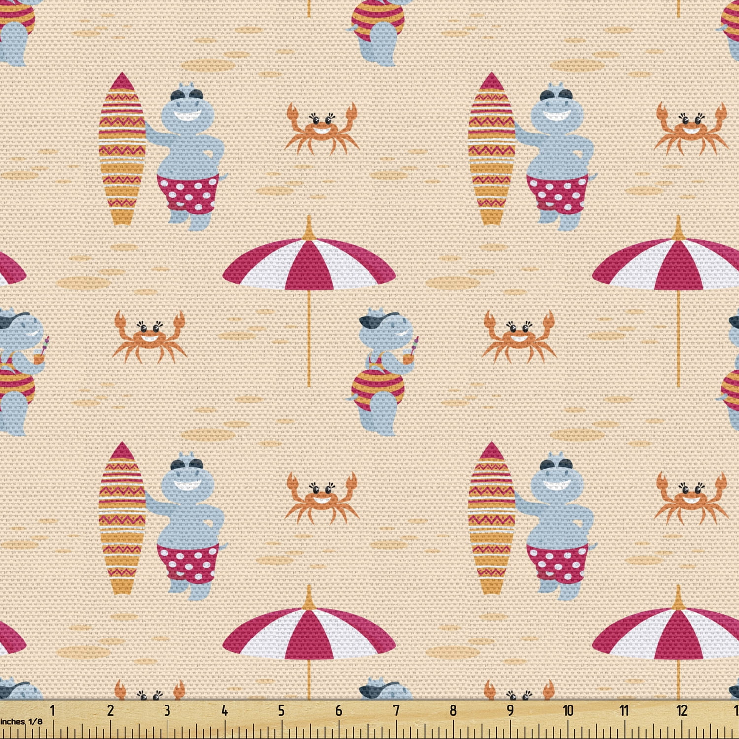 Umbrella Fabric by the Yard, Cartoon Illustration of Hippo Crab Beach ...