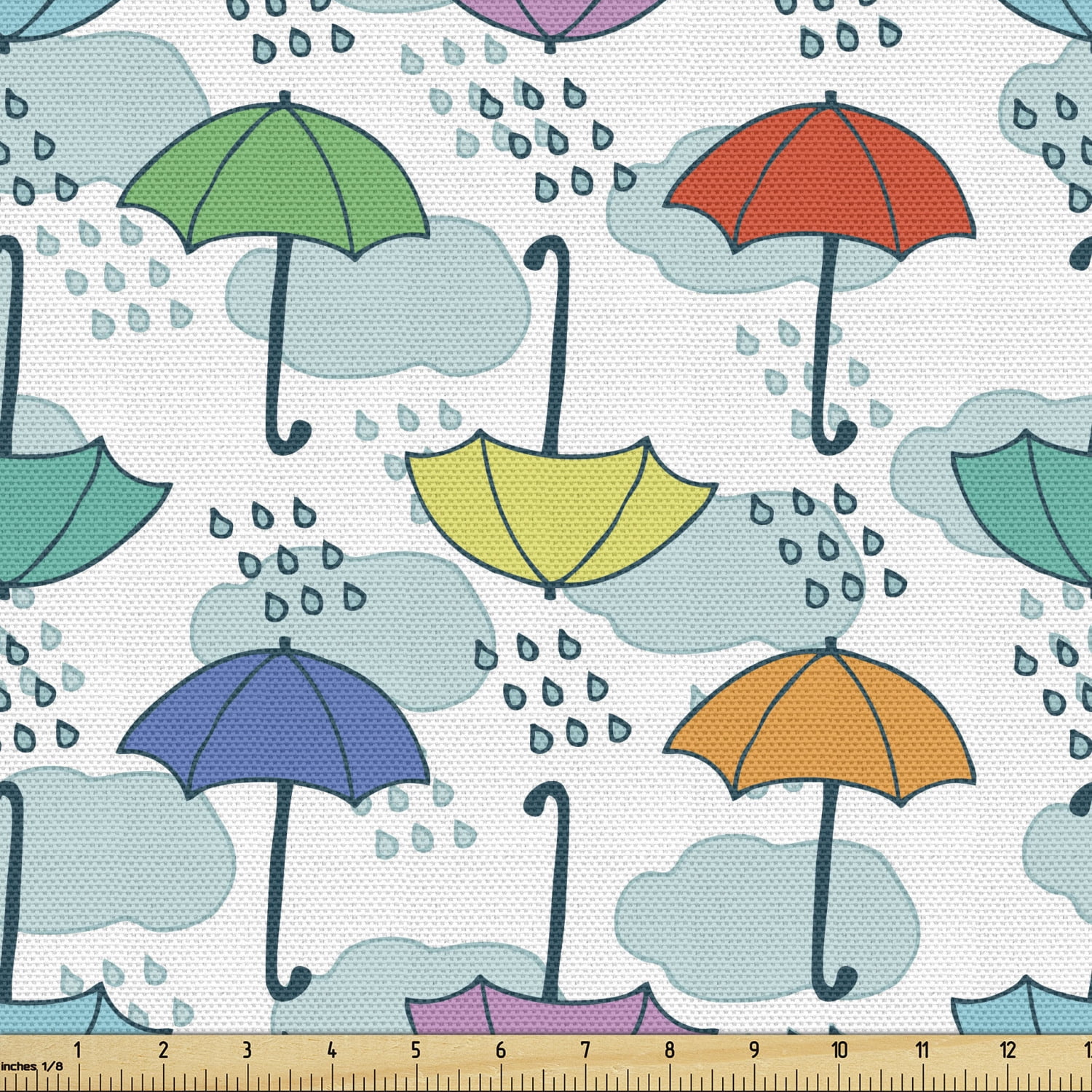 Umbrella Fabric by the Yard, Parasol Pattern in the Rain Cartoon Style ...