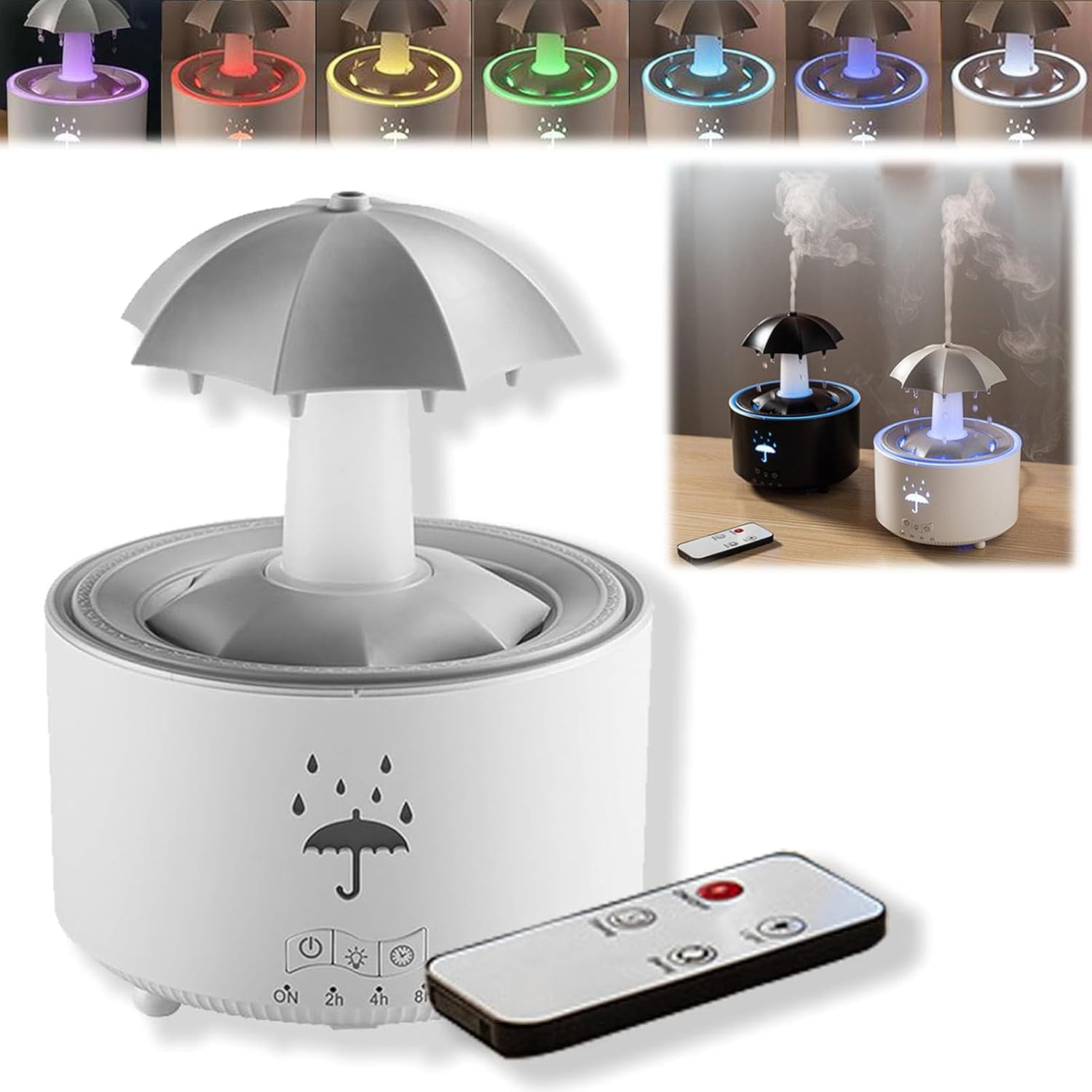Umbrella Humidifier, 7-Color LED Rain Cloud Humidifier, Rotating Rain ...