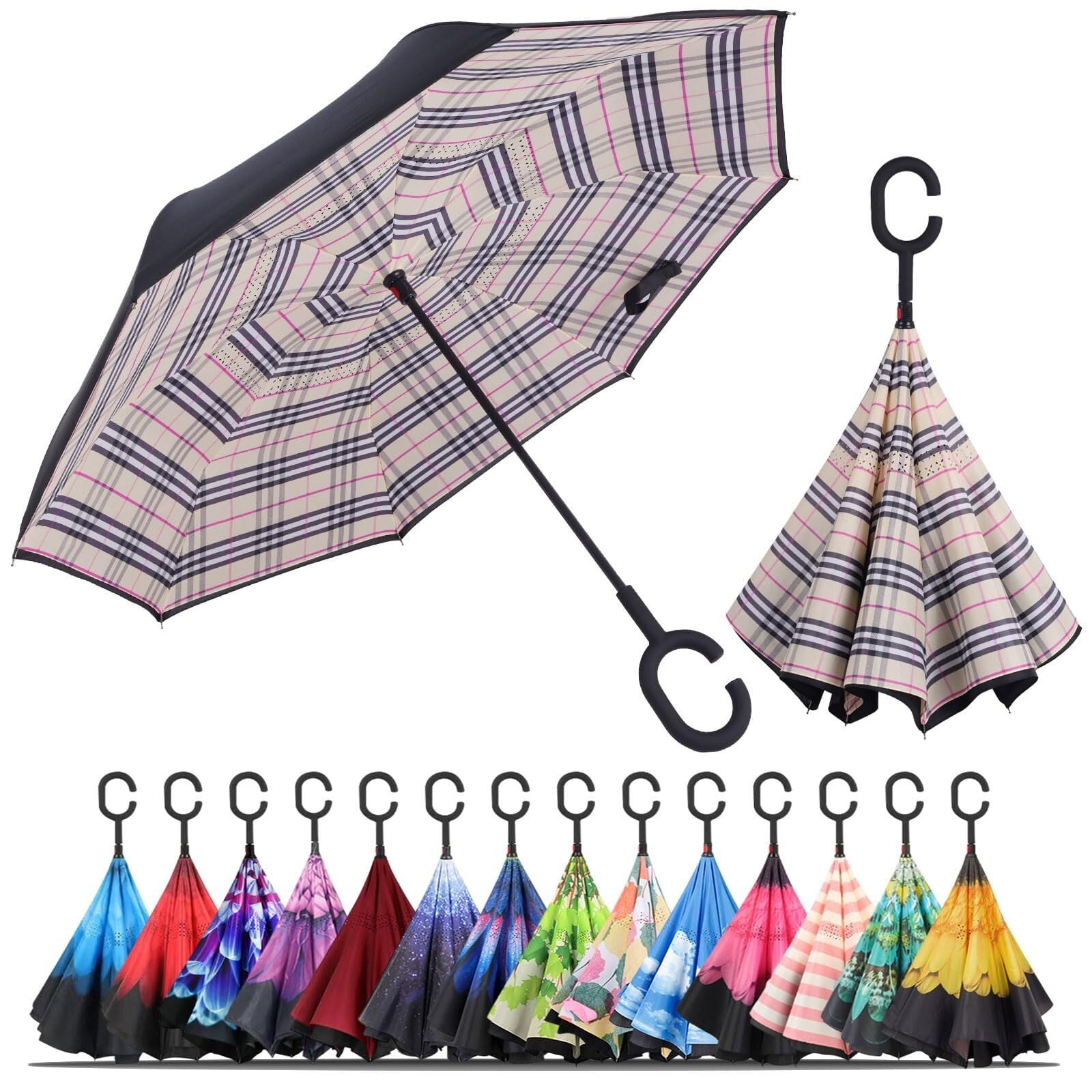 Umbrella,Inverted Reverse Upside Down Umbrellas with C-Shaped Handle, Anti-UV Waterproof Rain ...