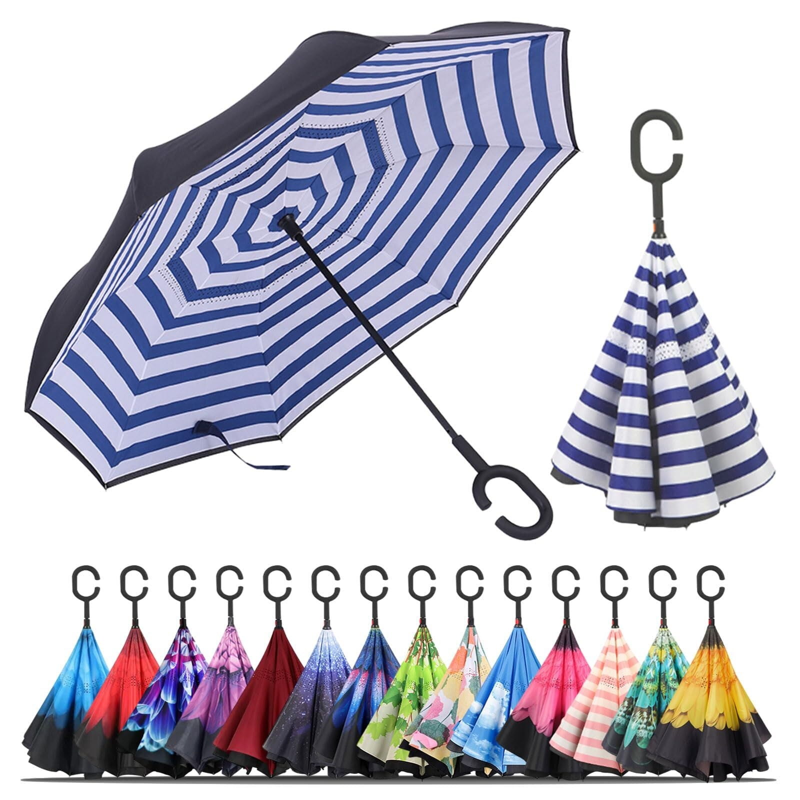 Umbrella,Inverted Reverse Upside Down Umbrellas with C-Shaped Handle, Anti-UV Waterproof Rain ...