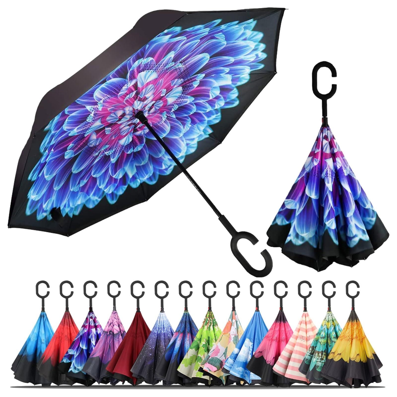 Umbrella,Inverted Reverse Upside Down Umbrellas with C-Shaped Handle, Anti-UV Waterproof Rain ...