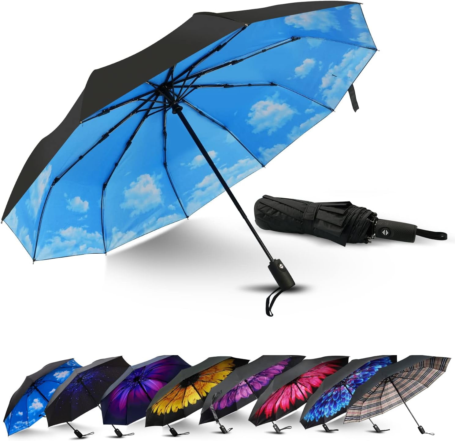 Umbrella Windproof Travel Umbrellas for Rain Black Folding Umbrellas 10 ...