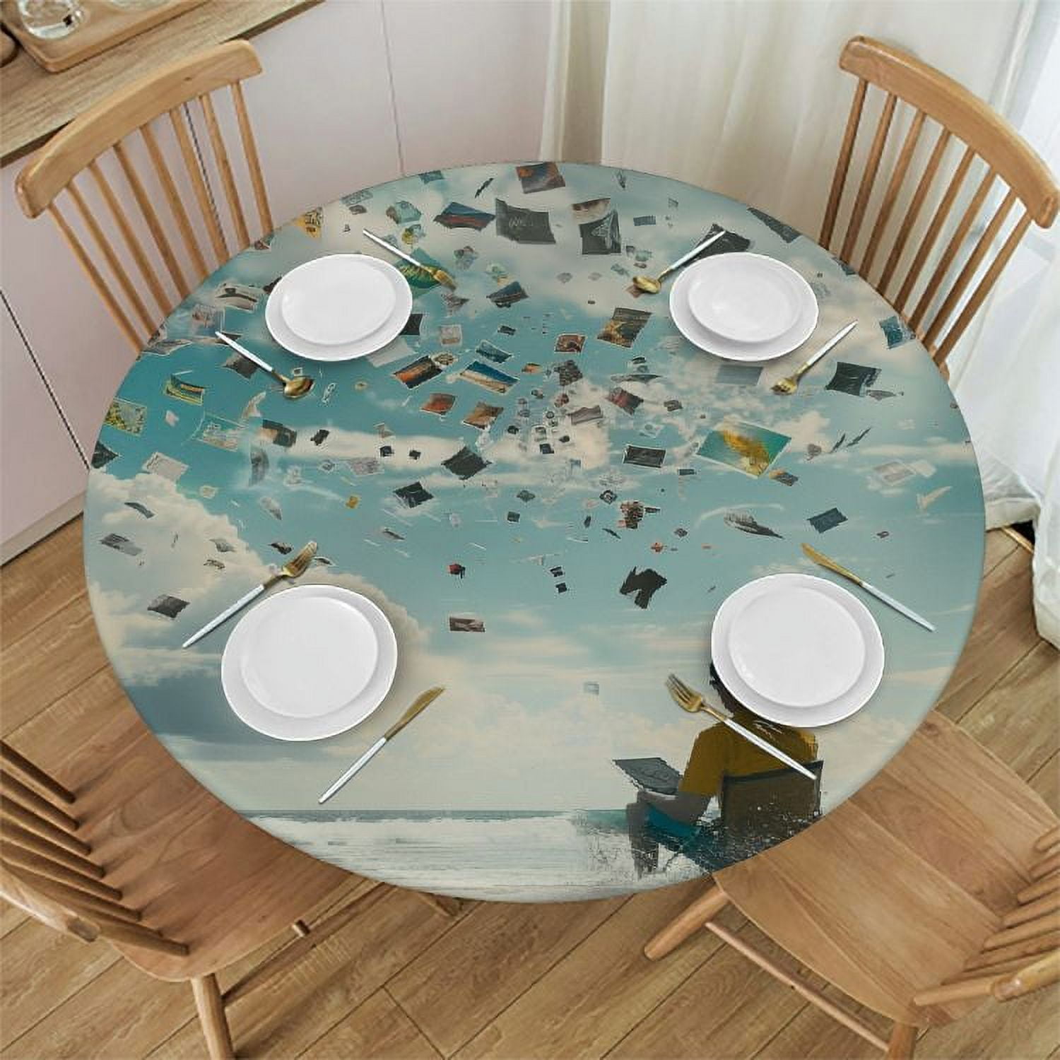 Umbrella on Beach Tablecloth Round Fitted Table Cloth with Elastic Edge ...