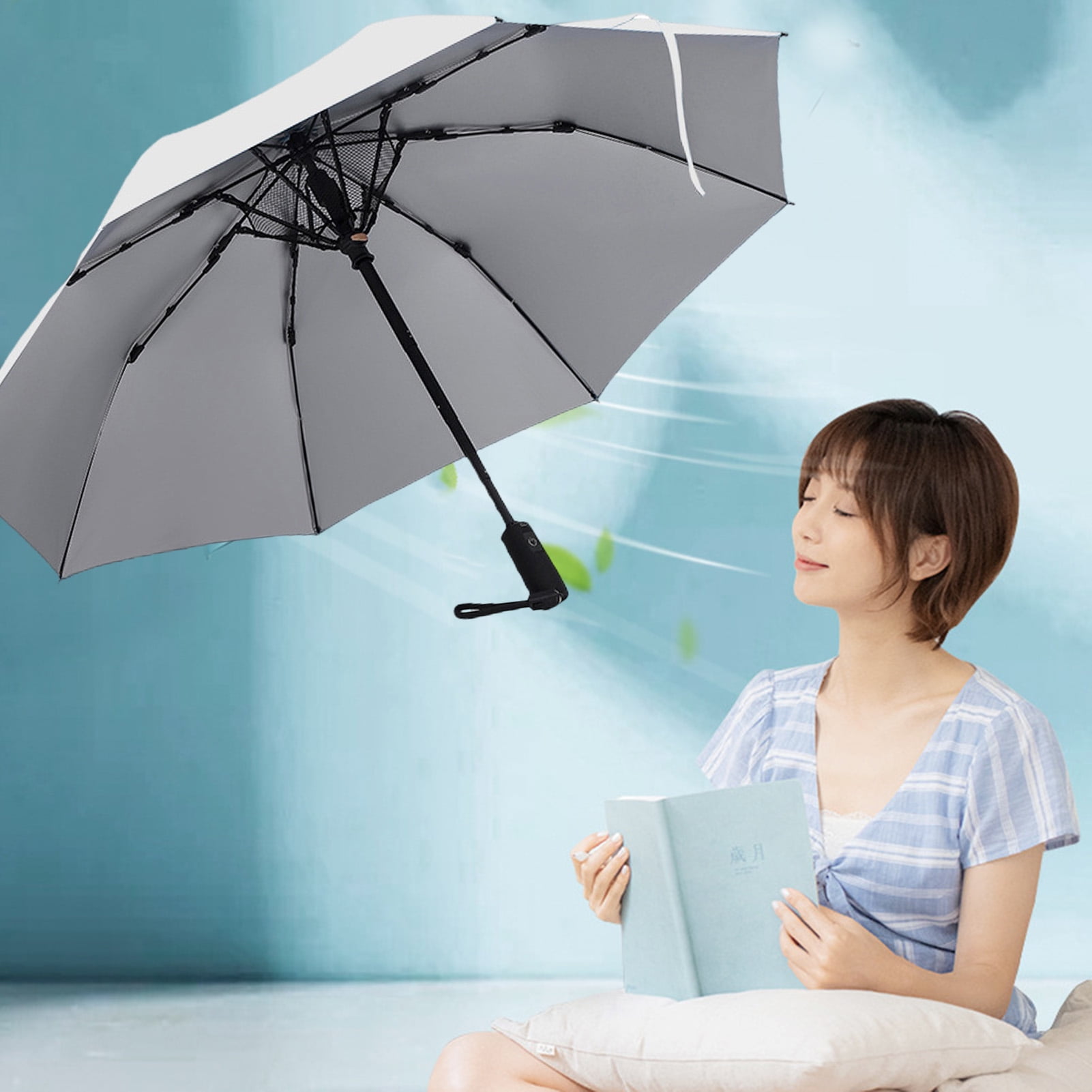 Umbrella with Fan And Mist Spray USB Rechargeable 3000mAh UV Blocking 3 ...