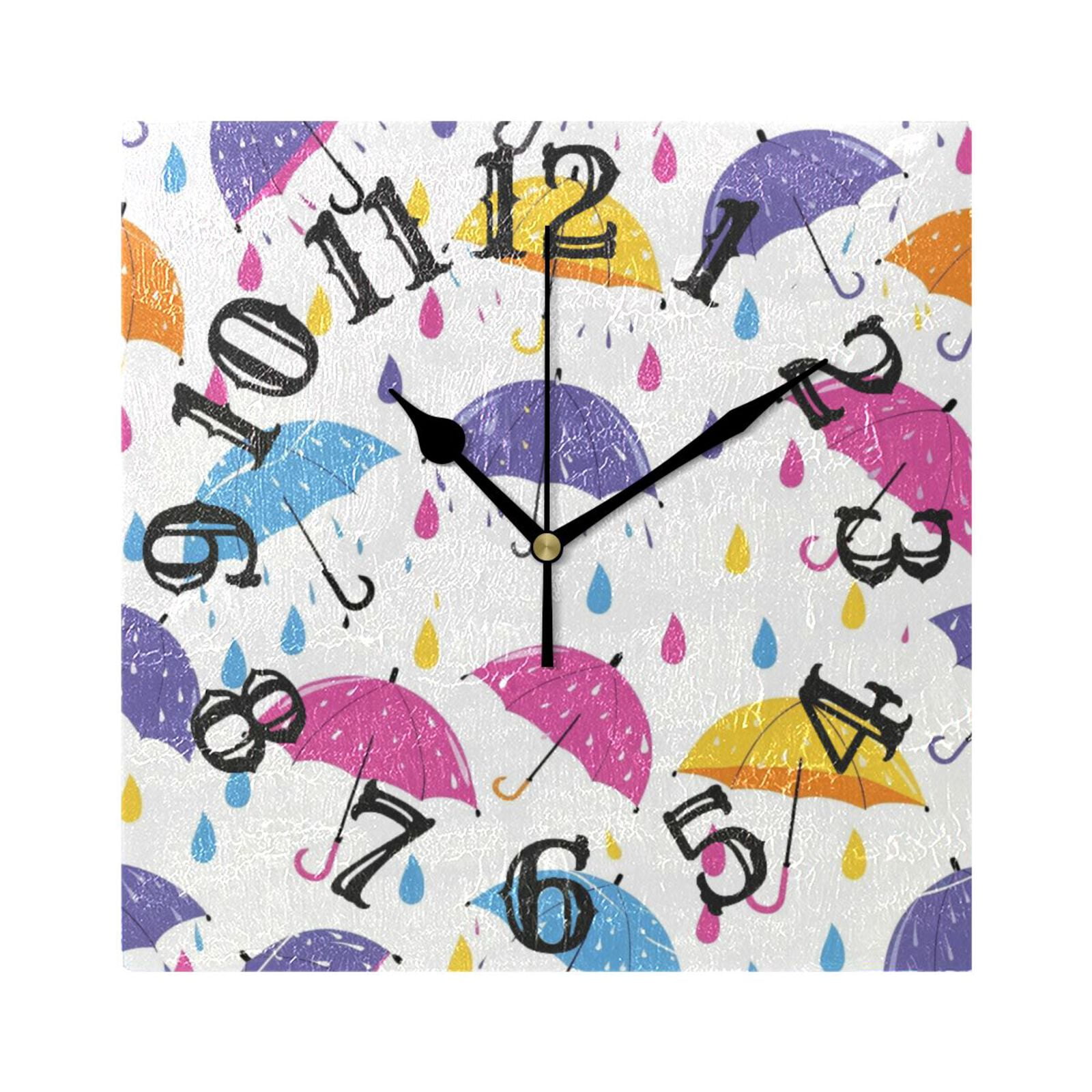 Umbrellas Raindrop Wall Clock Square Silent Non Ticking Battery ...
