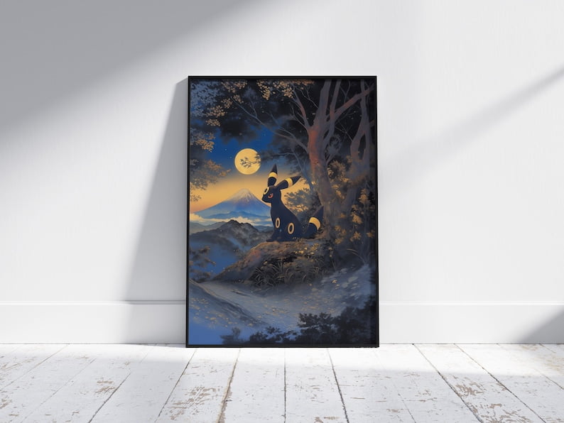Umbreon, Pokemon Poster, Japanese Tapestry Style, Mount Fuji Japan ...