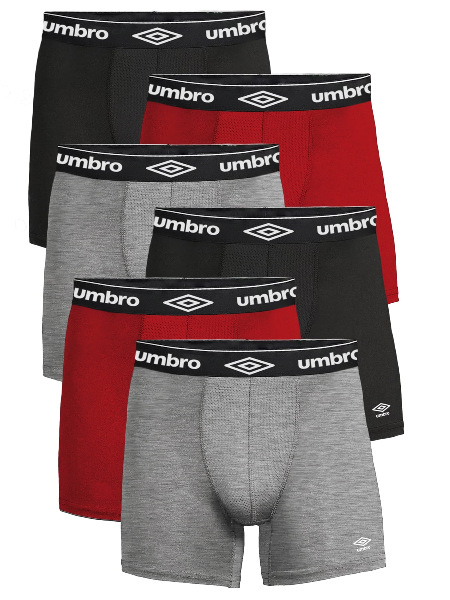 Umbro Mens Boxer Briefs Active Performance Breathable Underwear for Men, Red/Heather Grey/Bla ...